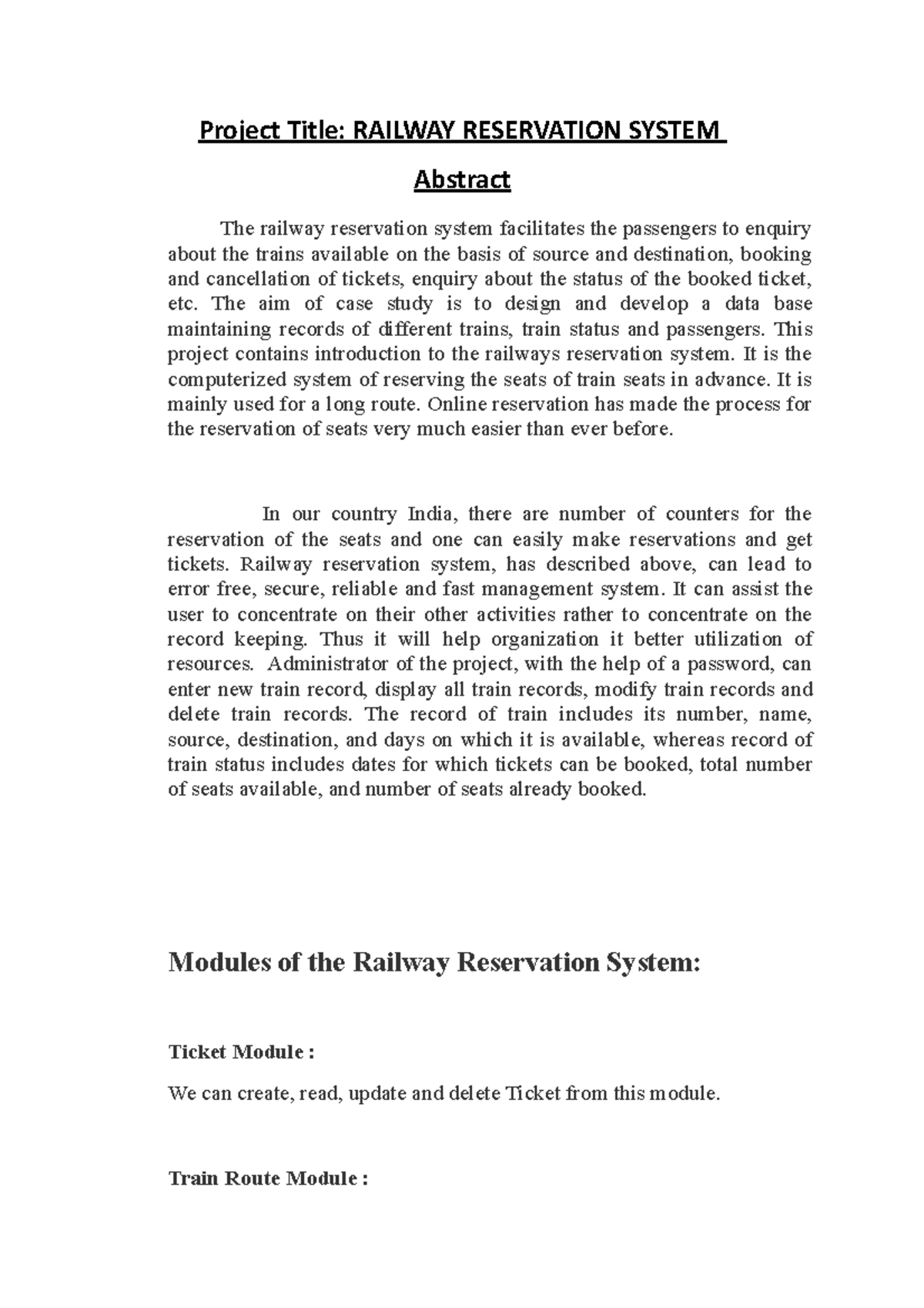 Railway absract pps new (1) - Project Title: RAILWAY RESERVATION SYSTEM Abstract The railway ...