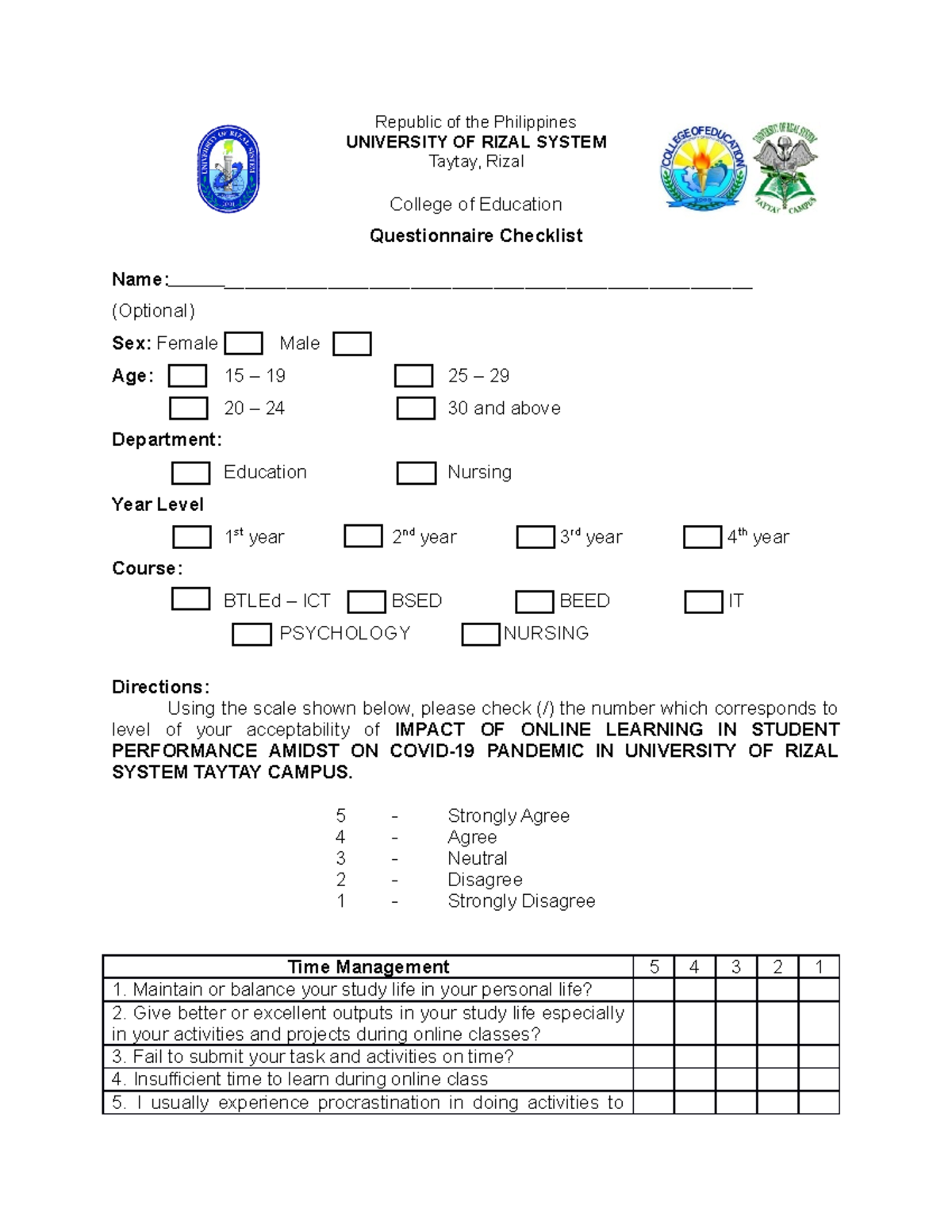 Questionnaire-Checklist - Republic of the Philippines UNIVERSITY OF ...