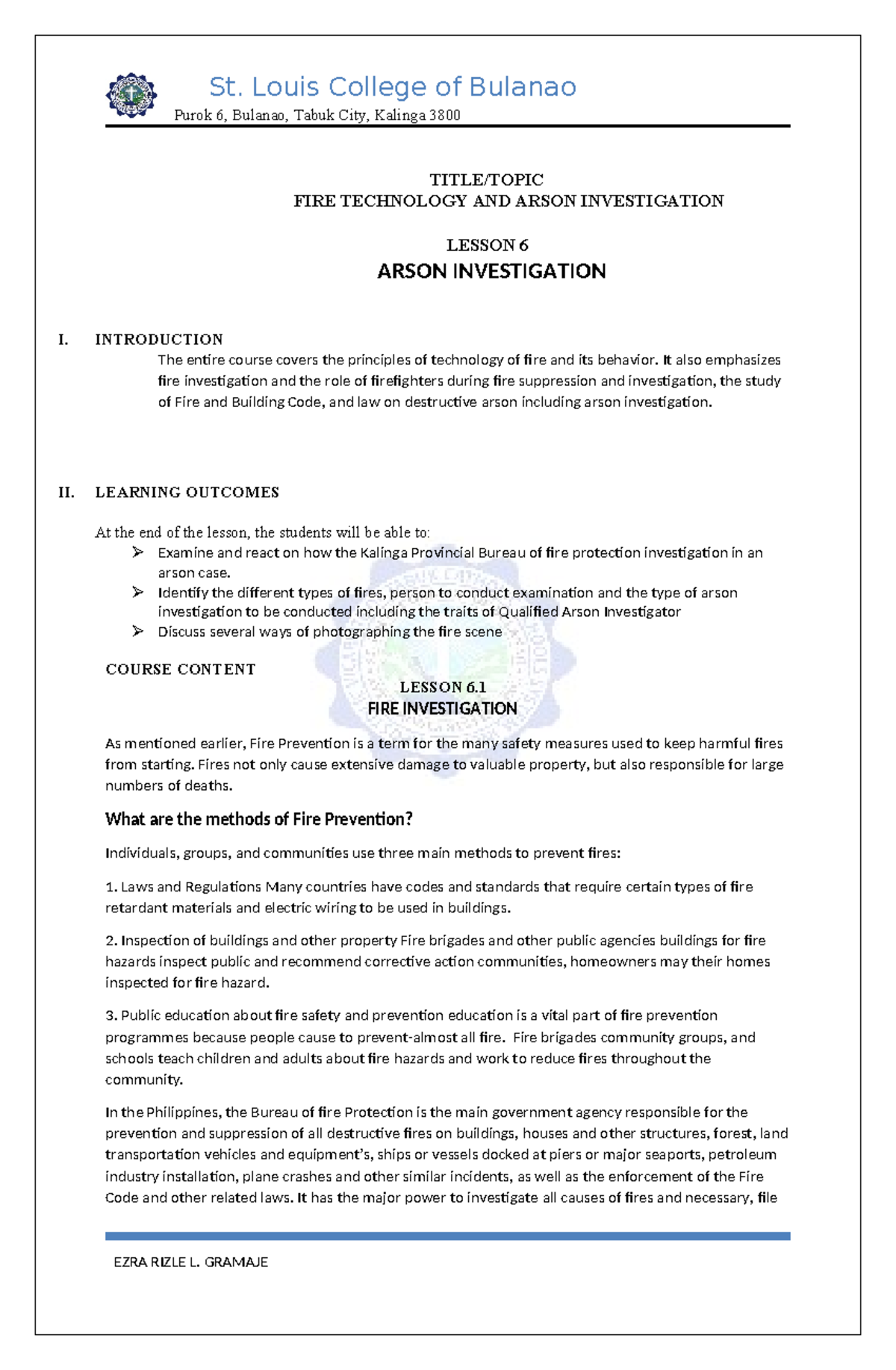 FIRE Technology AND Arson Management (CDI 18) Module 6 - St. Louis College of Bulanao Purok 6 ...