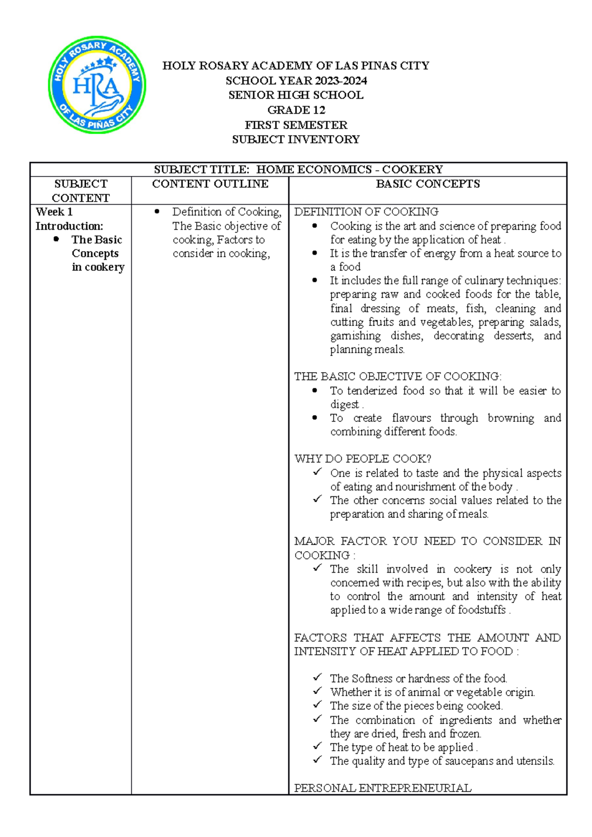 HRAformat Cookery subjectinventory GR12 - HOLY ROSARY ACADEMY OF LAS ...