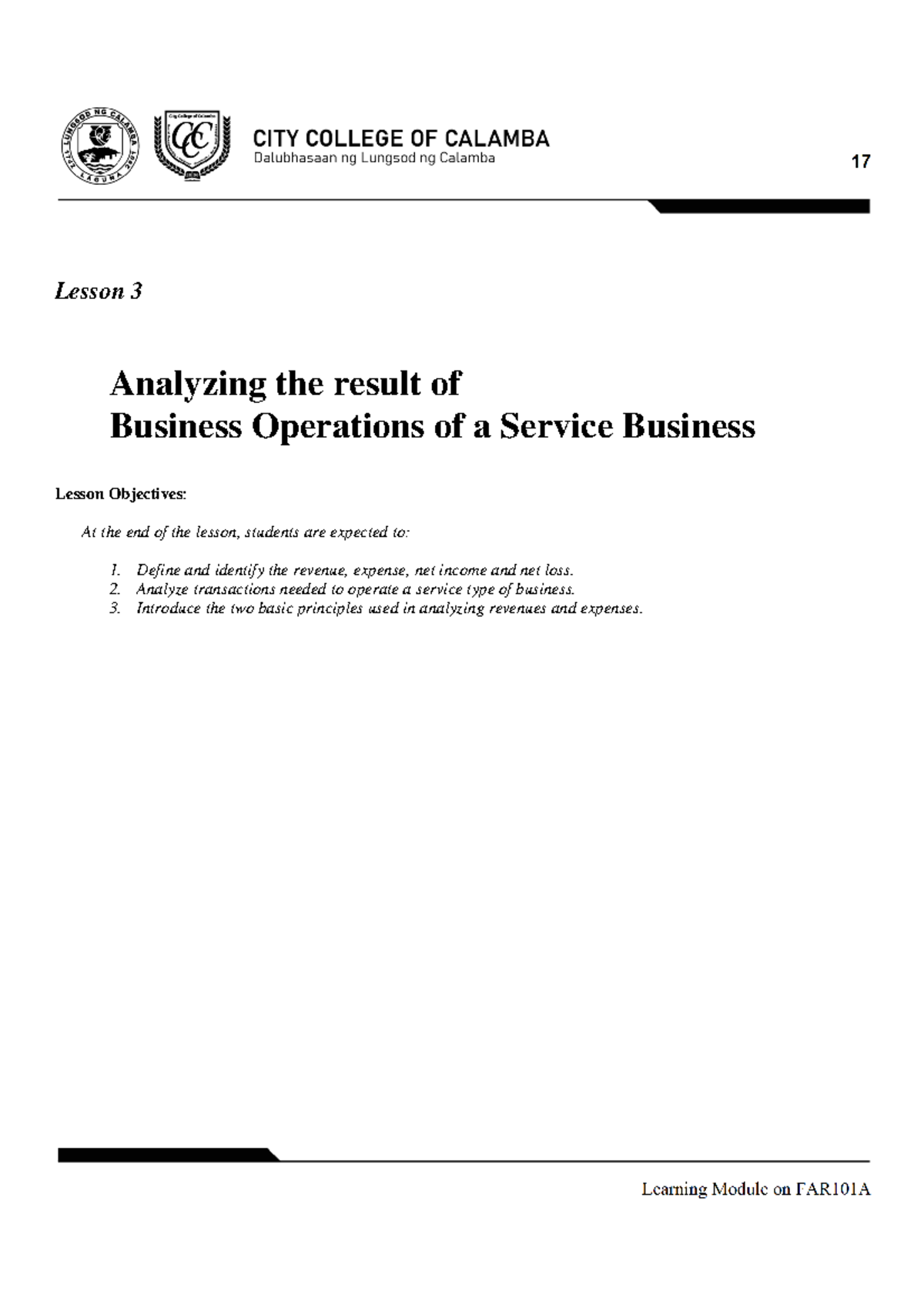 Lesson 3 Analyzing the result of Operations of a Service Business ...