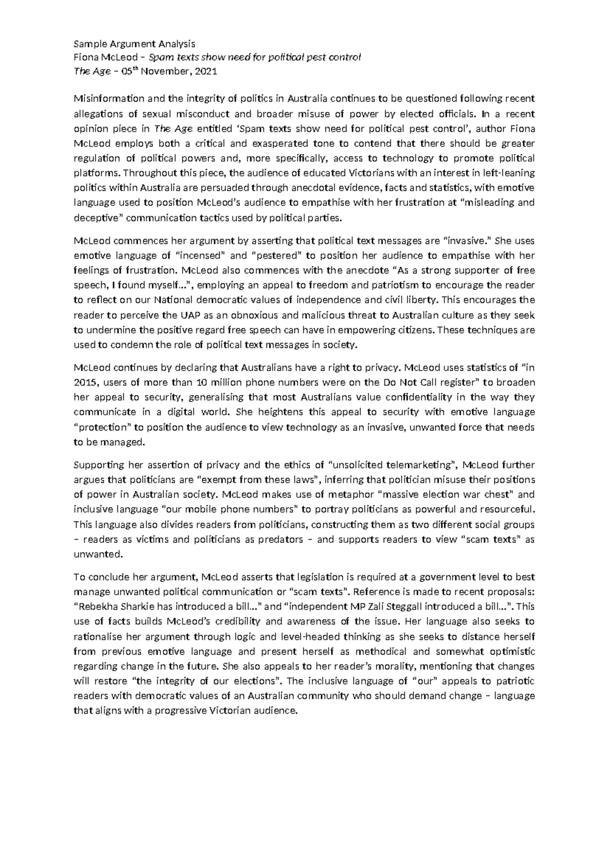 Sample Argument analysis - Sample Argument Analysis Fiona McLeod – Spam ...