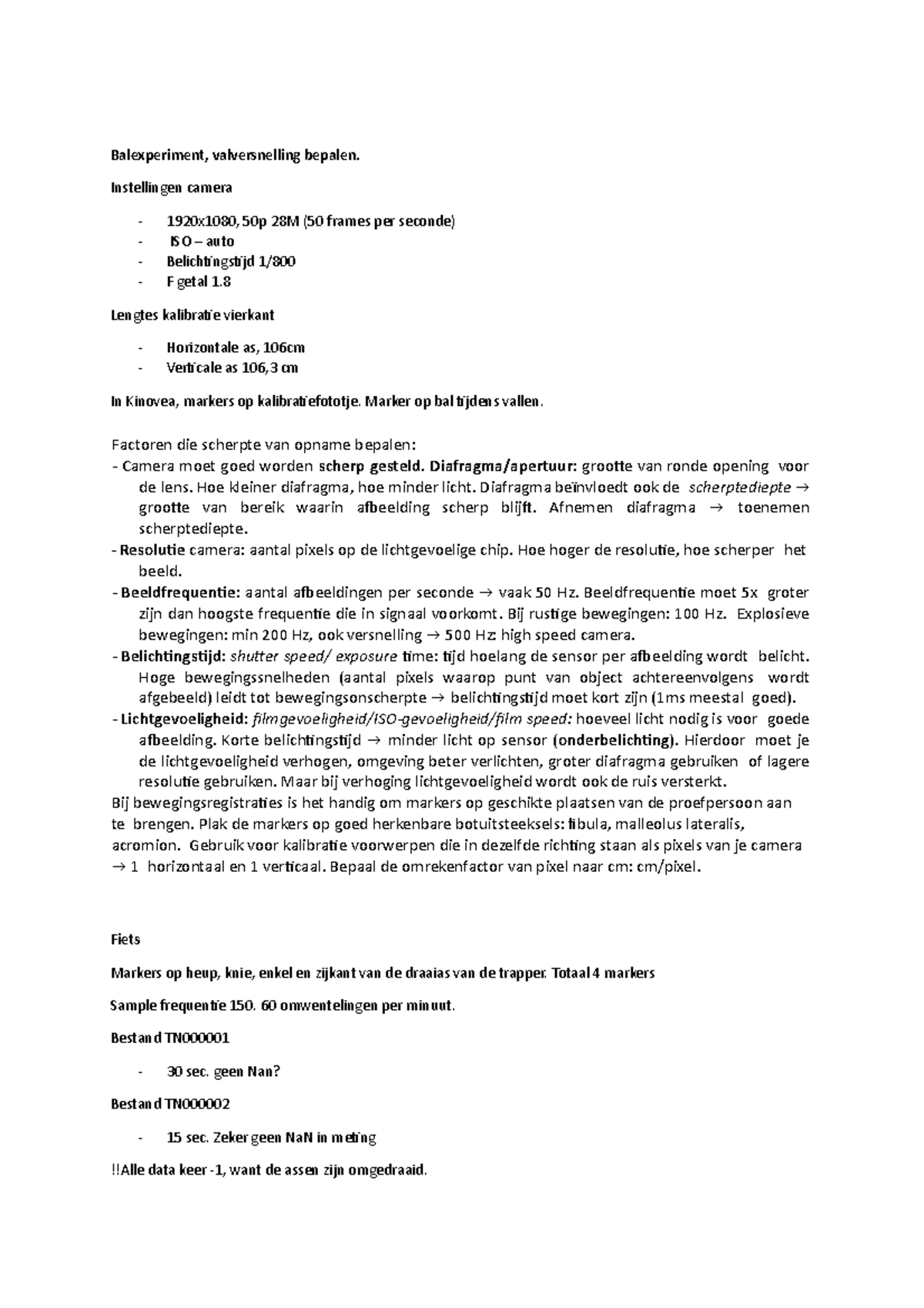 Logboek BR - Balexperiment, valversnelling bepalen. Instellingen camera ...