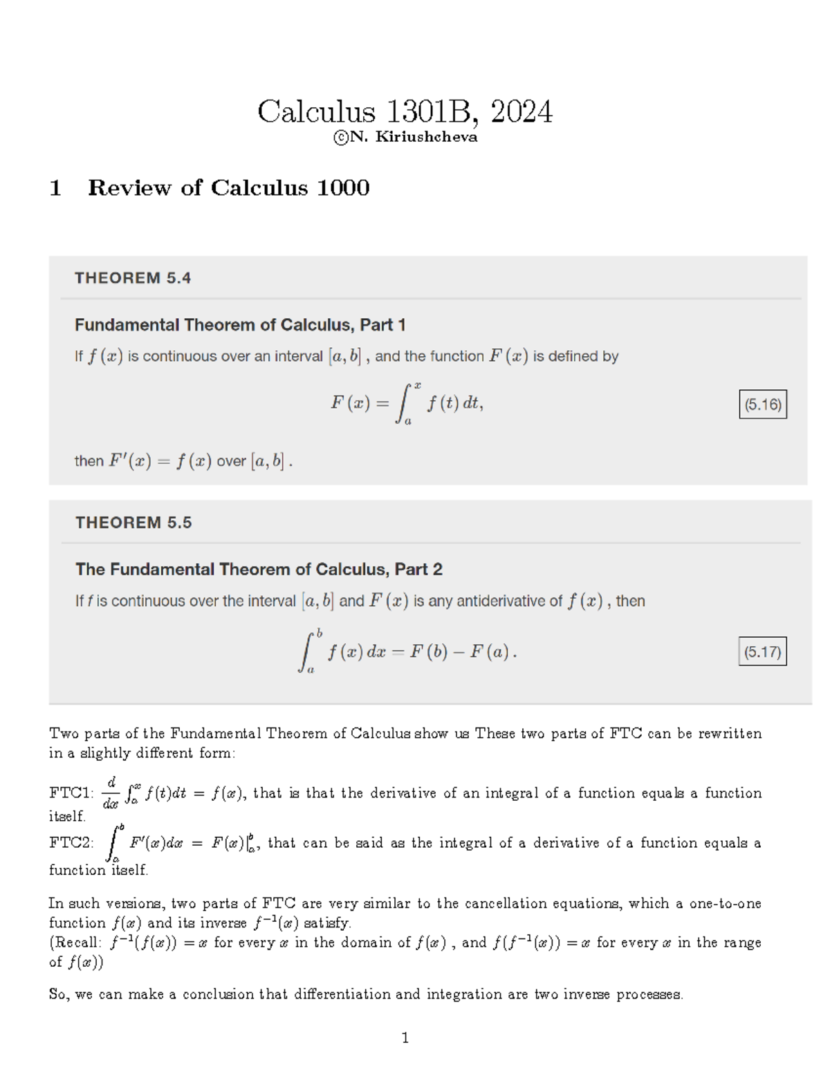 Calc 1000A summary - Calculus 1301B, 2024 c N. Kiriushcheva 1 Review of ...