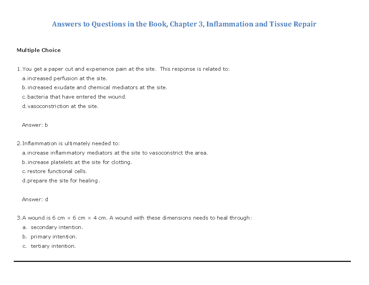 Ch 3 answer key - patho - Answers to Questions in the Book, Chapter 3, Inflammation and Tissue ...