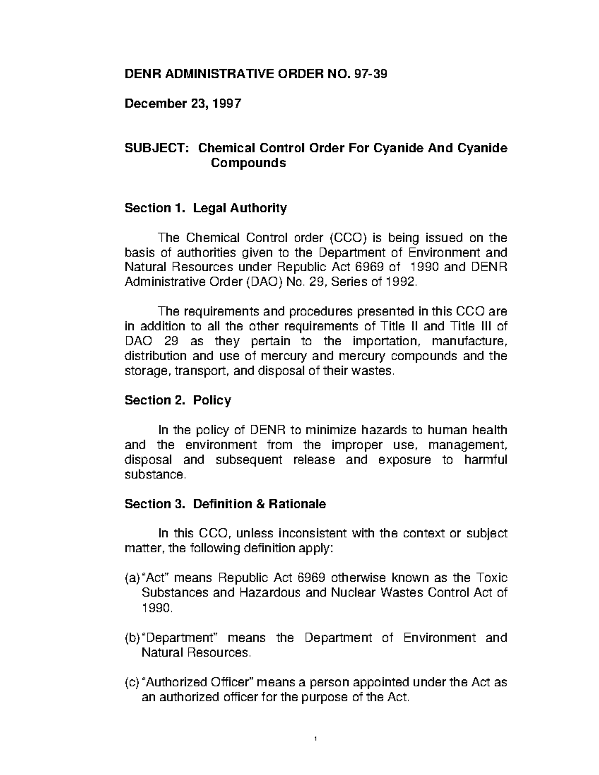 DAO 1997-39 CCO for Cyanide and Cyanide Compounds - DENR ADMINISTRATIVE ...