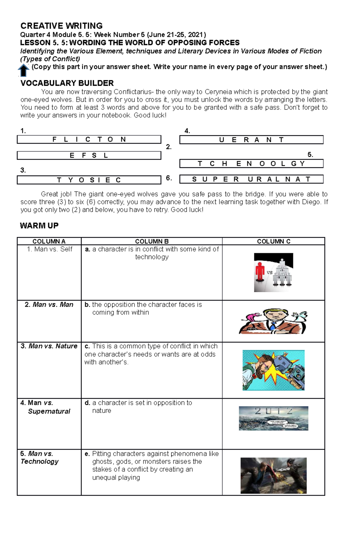 Week 5 - CREATIVE WRITING Quarter 4 Module 5. 5: Week Number 5 (June 21 ...