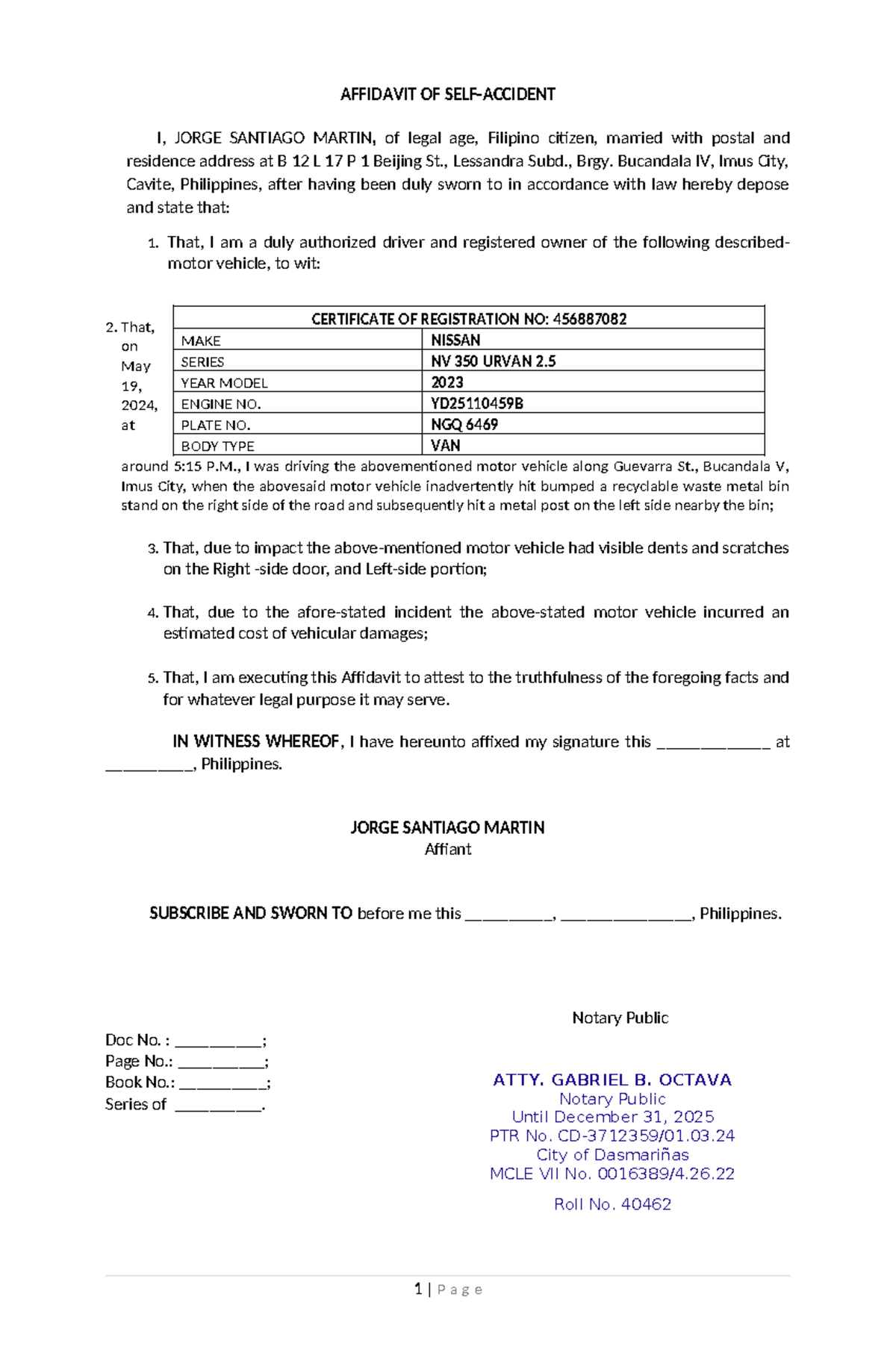 Affidavit OF SELF- Accident Jorge Santiago Martin - AFFIDAVIT OF SELF ...