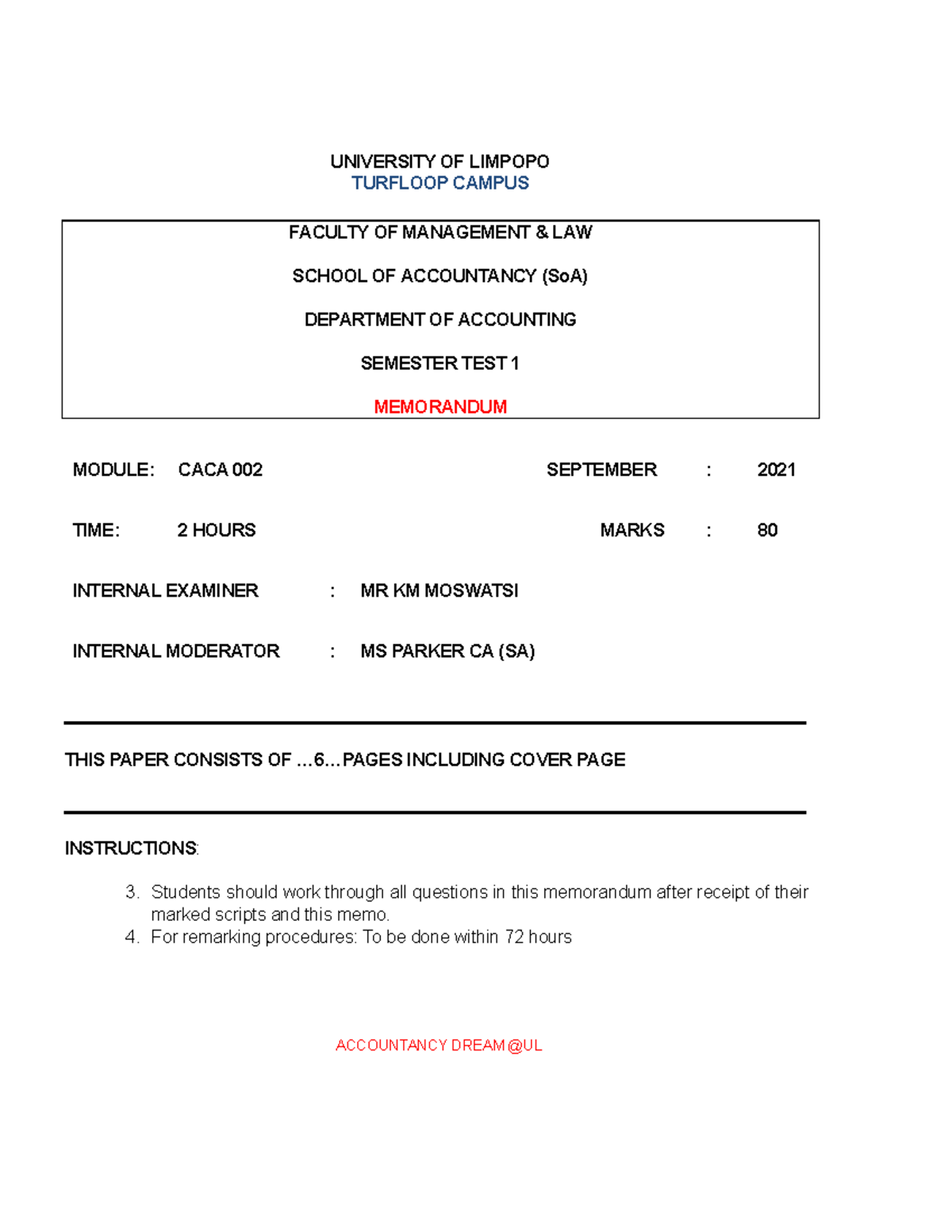 2023 - CACA002 Question BANK MEMO FOR 2021 - UNIVERSITY OF LIMPOPO ...