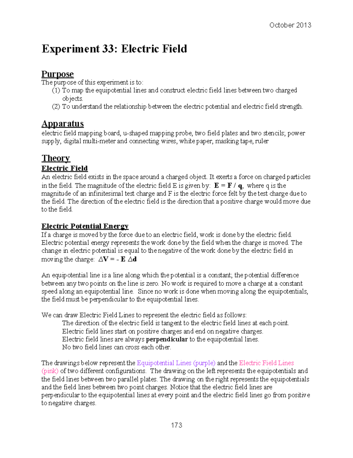 33 Electric Field Experiment - October 2013 Experiment 33: Electric ...