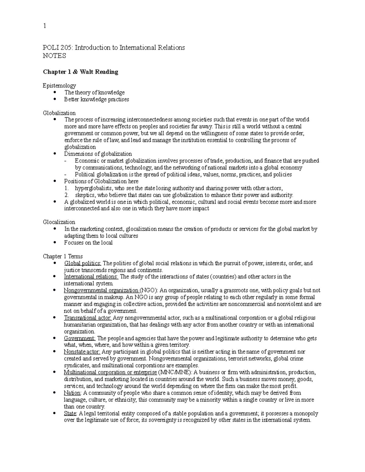 POLI 205 Notes - POLI 205: Introduction to International Relations ...