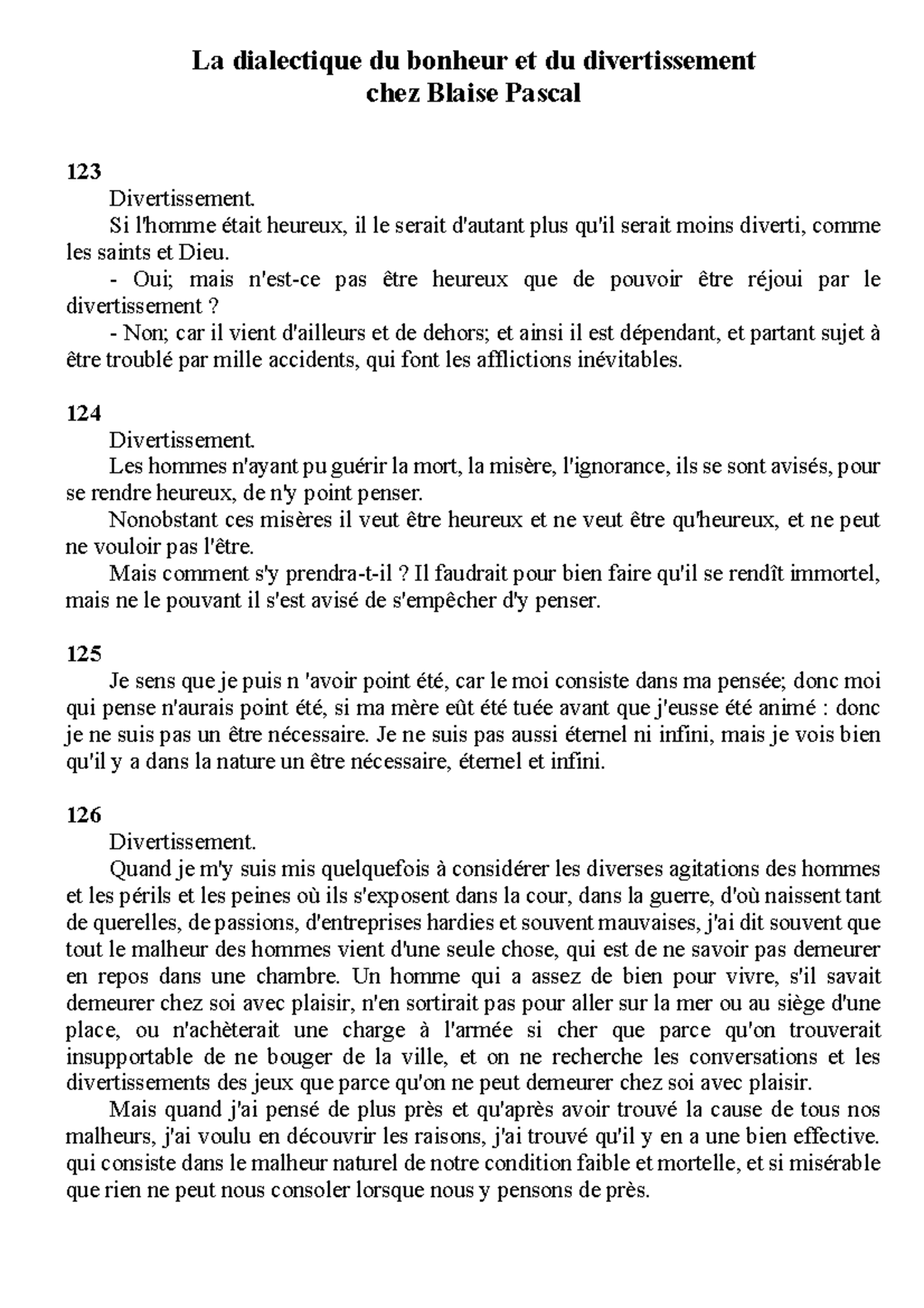Pascal - ................. - La dialectique du bonheur et du divertissement chez Blaise Pascal ...