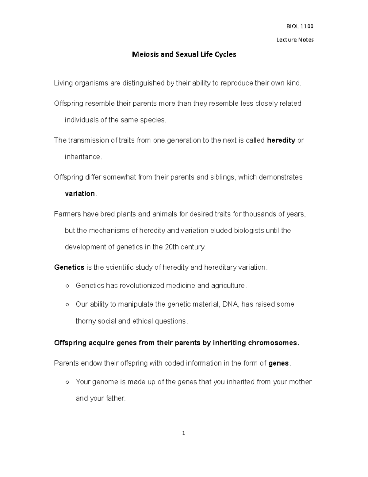 2021 Biol1100 Lecture Notes Meiosis And Sexual Life Cycles Lecture