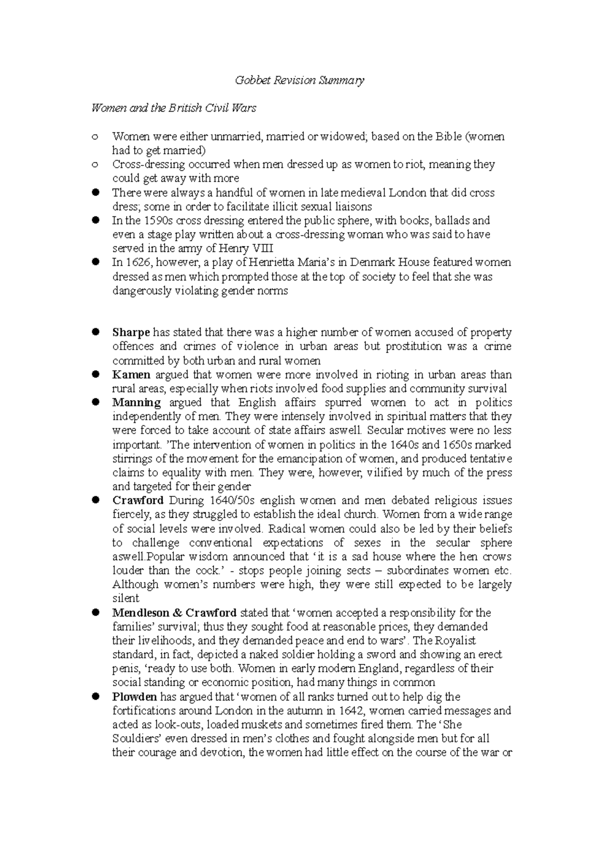 Gobbet Revision Summaries - Gobbet Revision Summary Women and the ...
