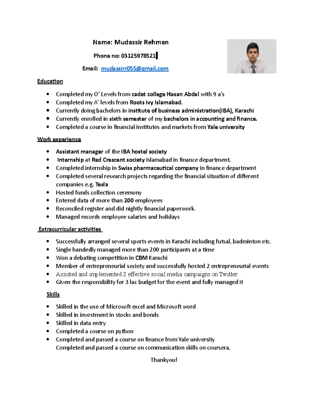 Mudassir rehman resume IBA - Name: Mudassir Rehman Phone no: 03 ...