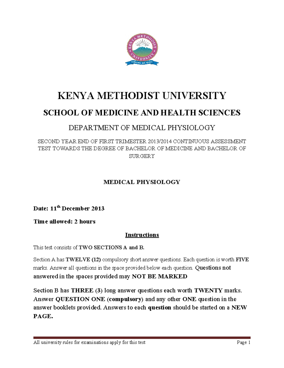 Physiology Yr 2 - KENYA METHODIST UNIVERSITY SCHOOL OF MEDICINE AND ...