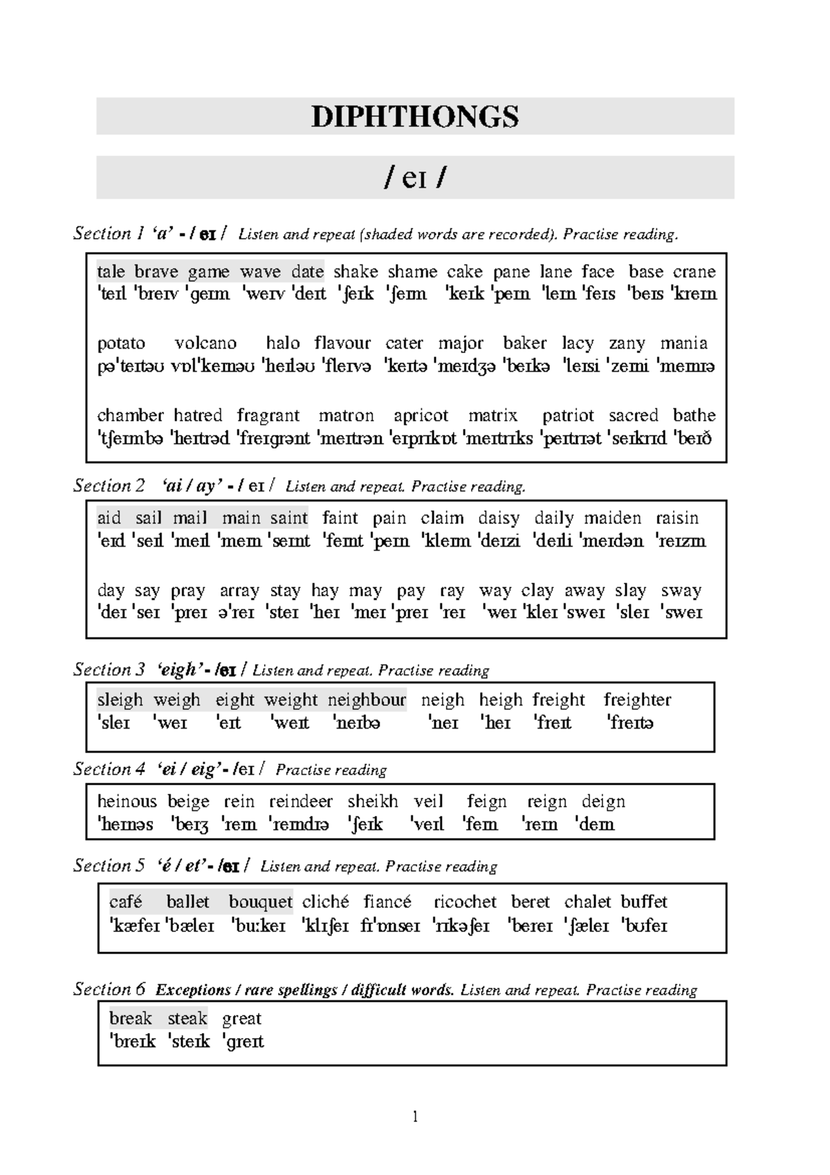 Handout 7 Diphthongs - DIPHTHONGS / e //// Section 1 ‘a’ - / e e /e e ...
