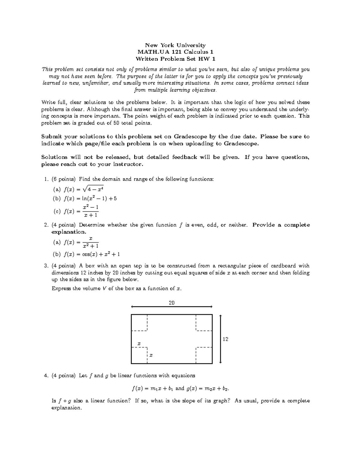 HW1 - practice hw - New York University MATH 121 Calculus 1 Written Problem Set HW 1 This ...