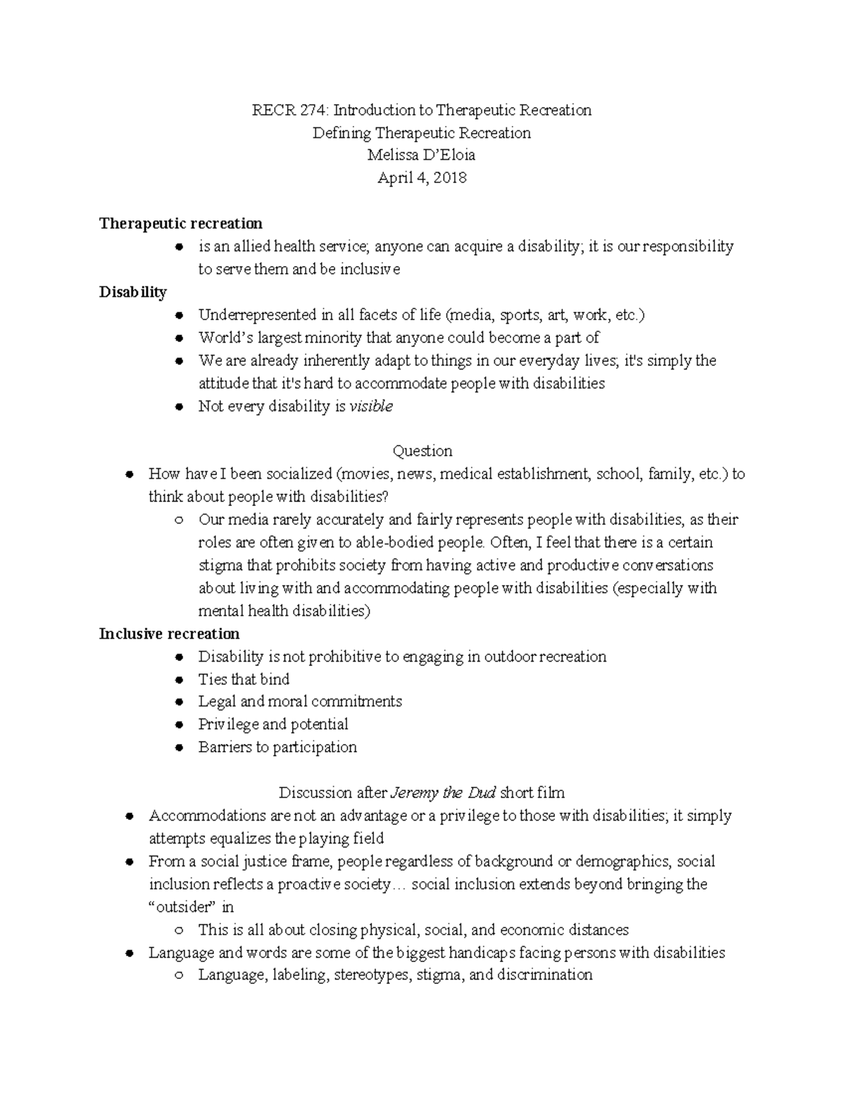 Defining therapeutic recreation lecture notes - RECR 274: Introduction ...