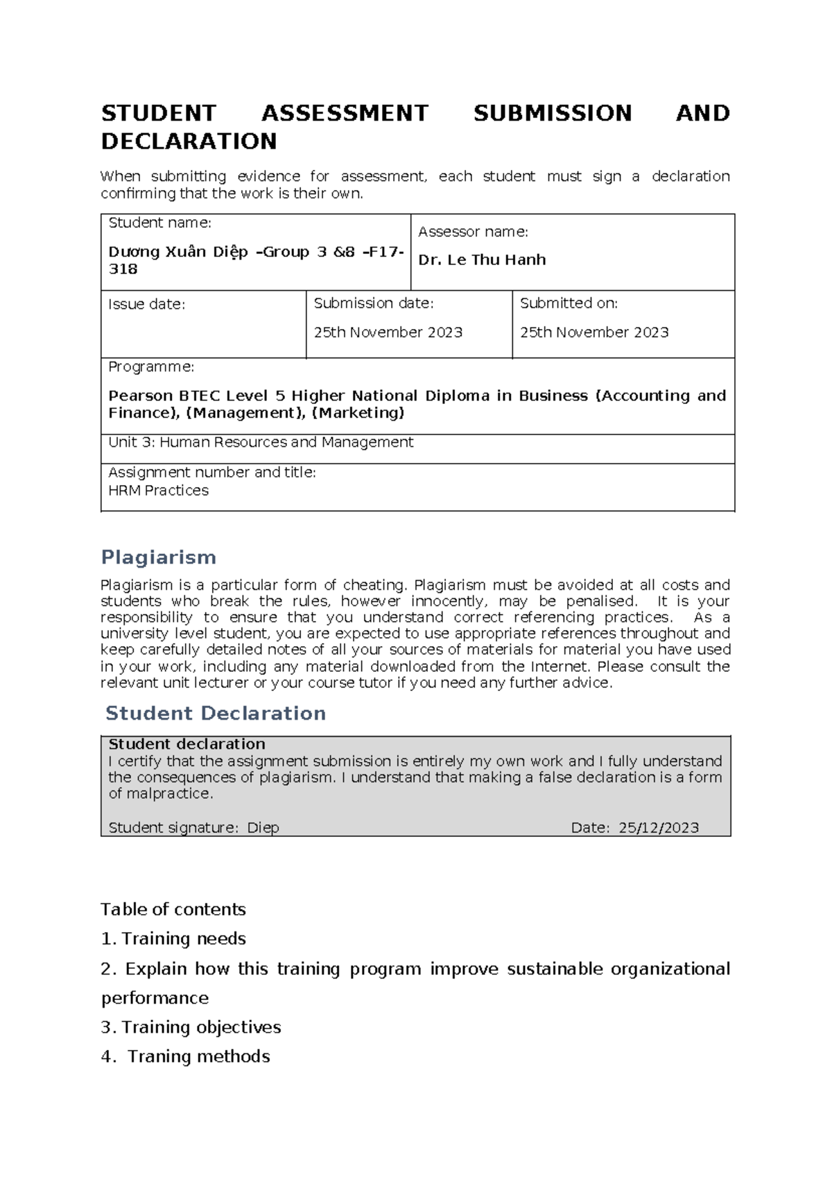 HRM A2- Diep Duong Xuan - HRM A2 Grade M - STUDENT ASSESSMENT ...