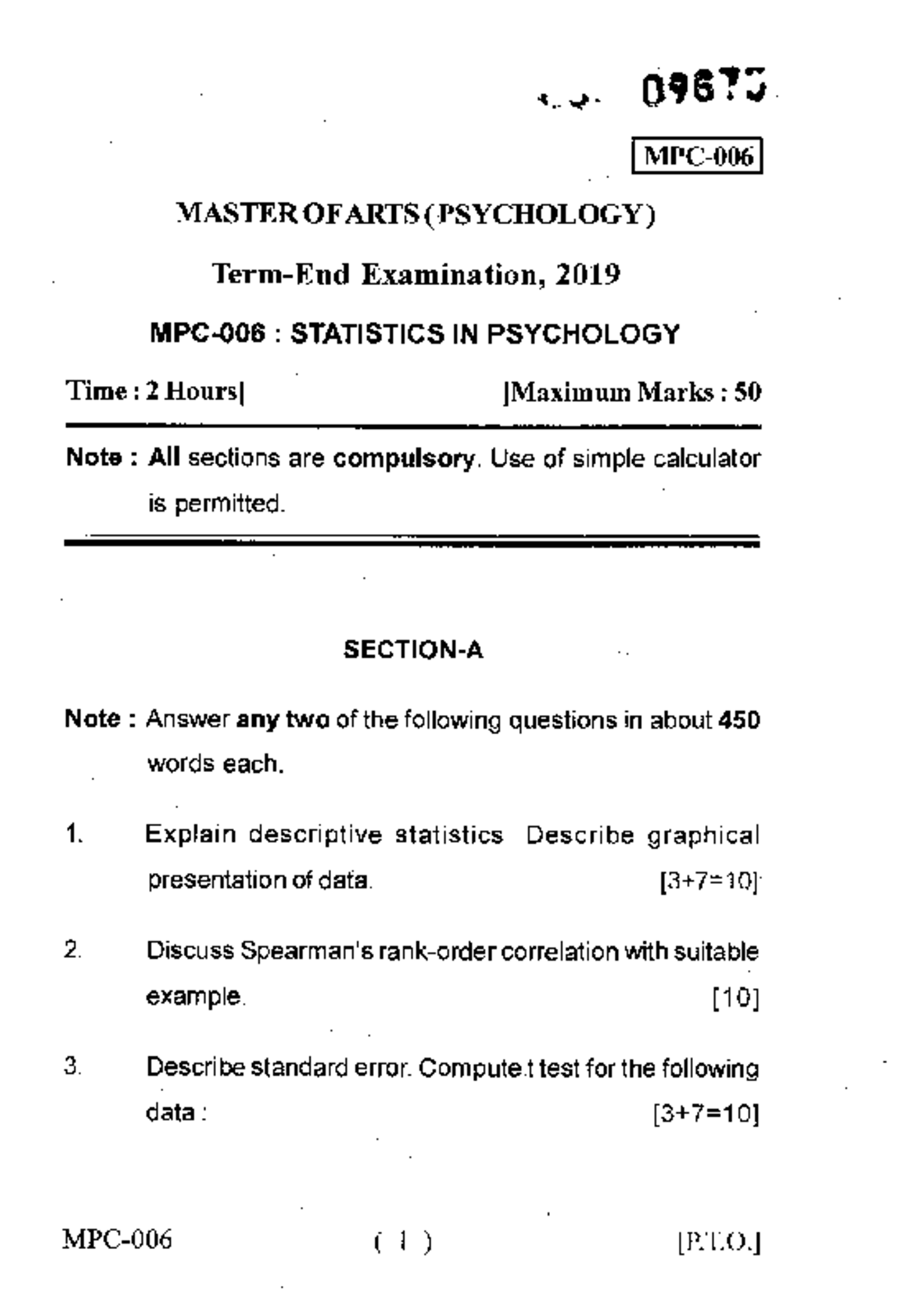 MPC-006 - Mpc - 096. 11 : MPC- MASTER OFARTS (PSYCHOLOGY) Term-End Examination, 2019 MPC-006 ...