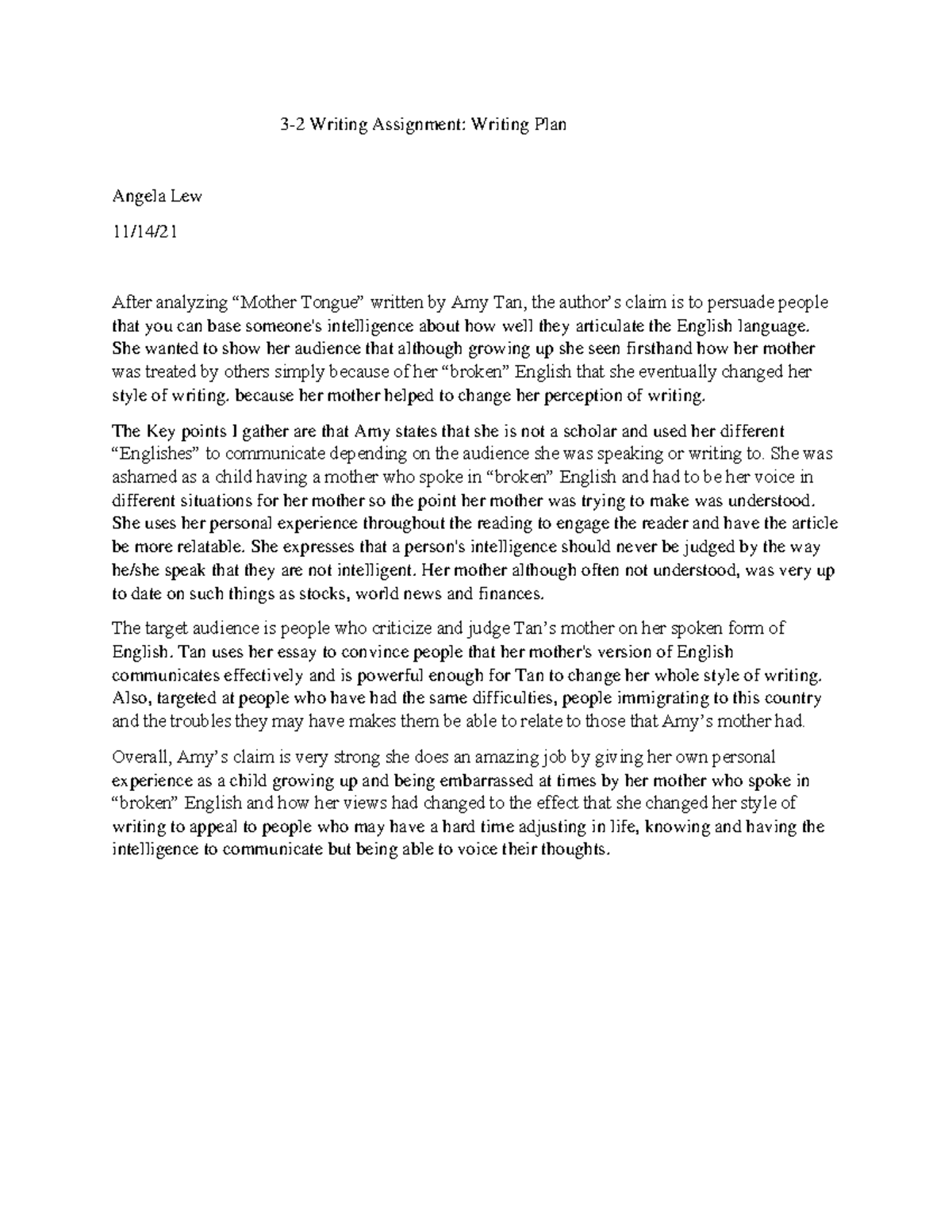 Document 1 amy tan - 3-2 Writing Assignment: Writing Plan Angela Lew 11 ...
