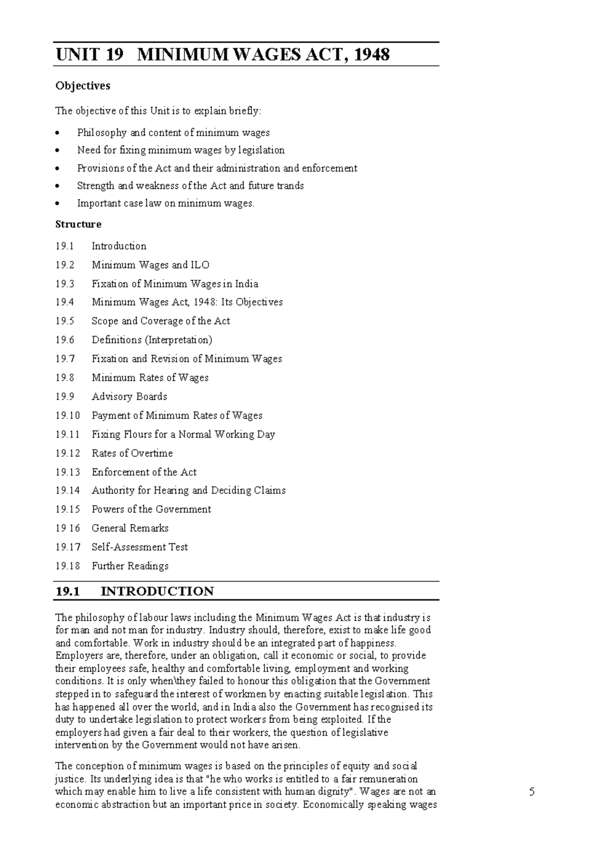 Module 7 - Minimum Wages Act, 1948 UNIT 19 MINIMUM WAGES ACT, 1948 ...