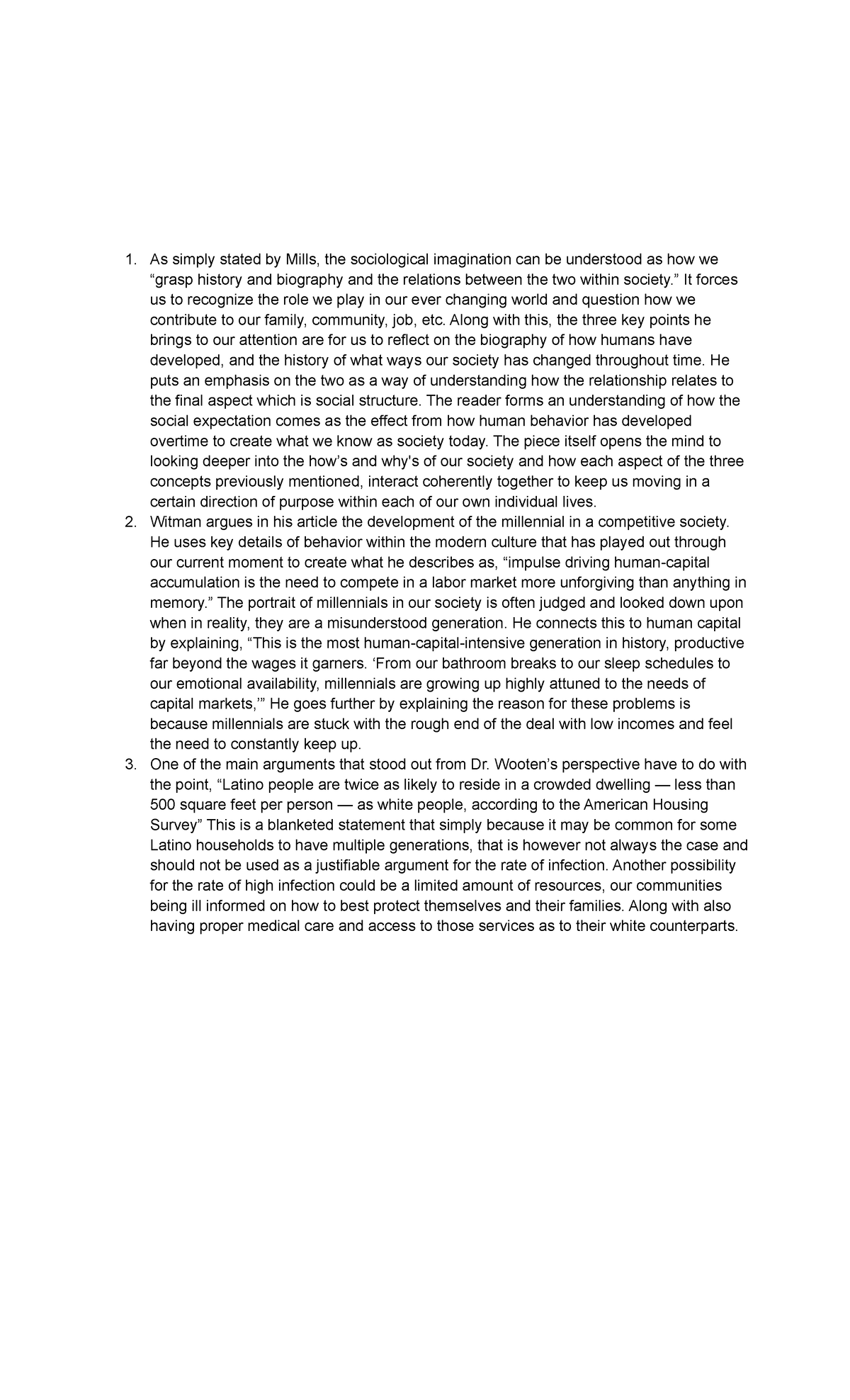 Intro to sociology reading response #1 - As simply stated by Mills, the ...