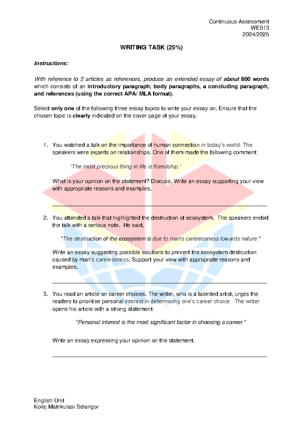 Writing Task Question - Helps - WE01 3 2024/ English Unit WRITING TASK ...