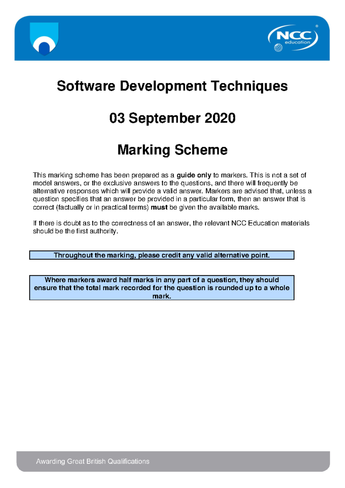 SDT MS Autumn 2020 Final - Software Development Techniques 0 3 September 2020 Marking Scheme ...