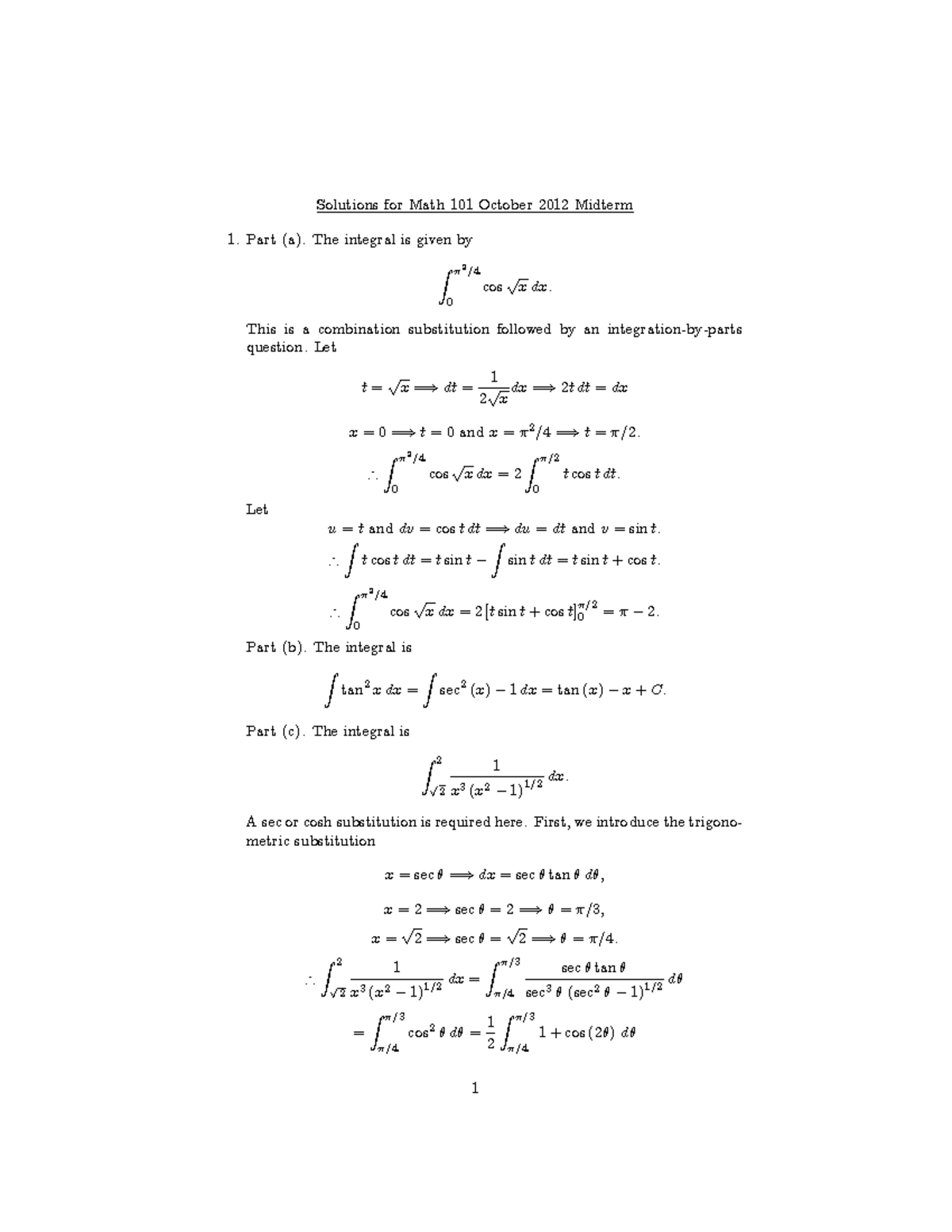 Midterm exam 1 March 2012, answers - Solutions for Math 101 October ...