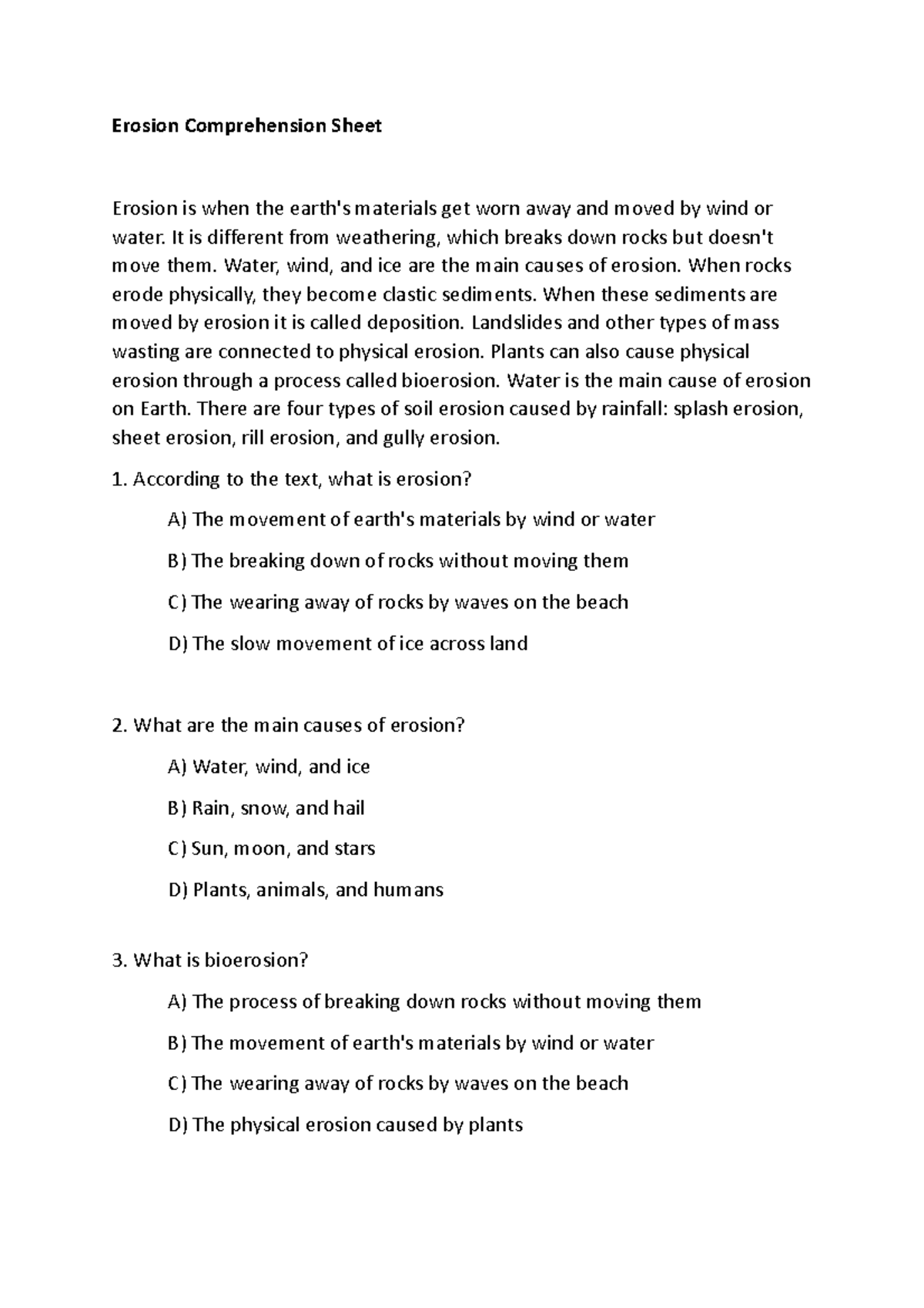 Erosion Comprehension Sheet - Erosion Comprehension Sheet Erosion is ...