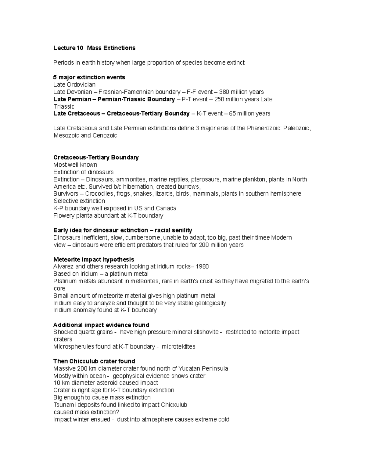 Lec 10 extinction summary notes - Lecture 10 Mass Extinctions Periods ...