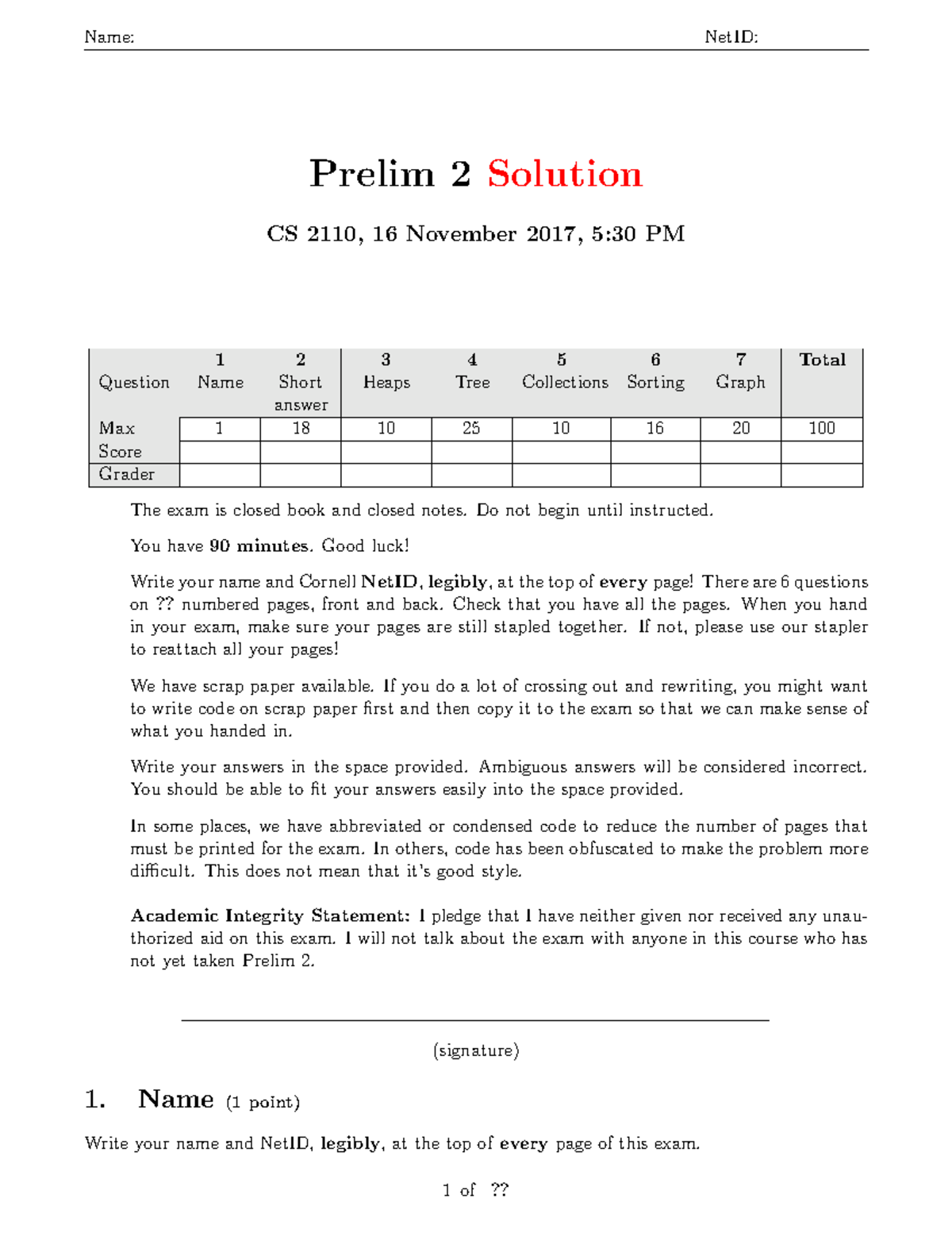 P2cs2110fa17a-sol - Past Prelim 2 from CS 2110 taught by Professor ...
