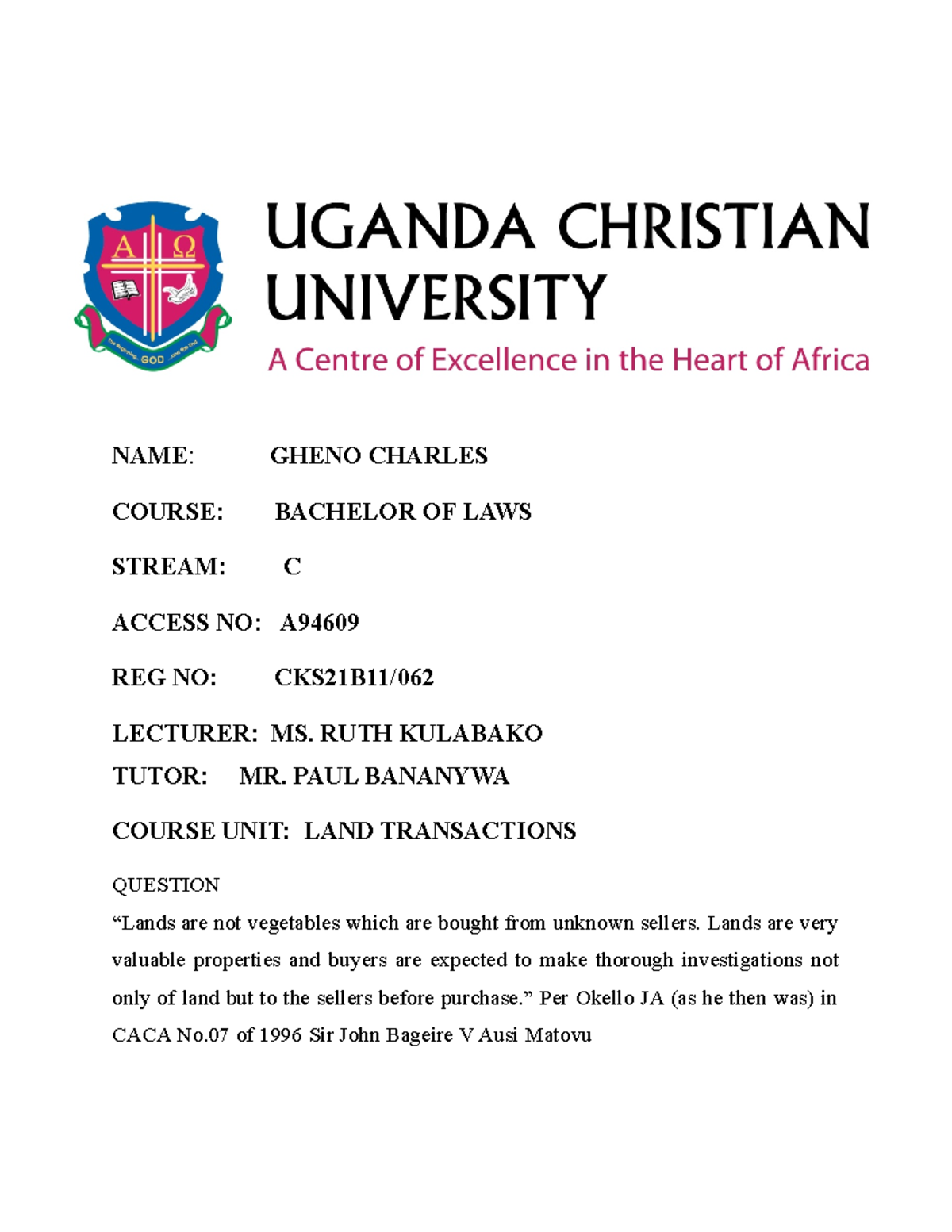 LAND Gheno - land transactions coursework - NAME: GHENO CHARLES COURSE ...