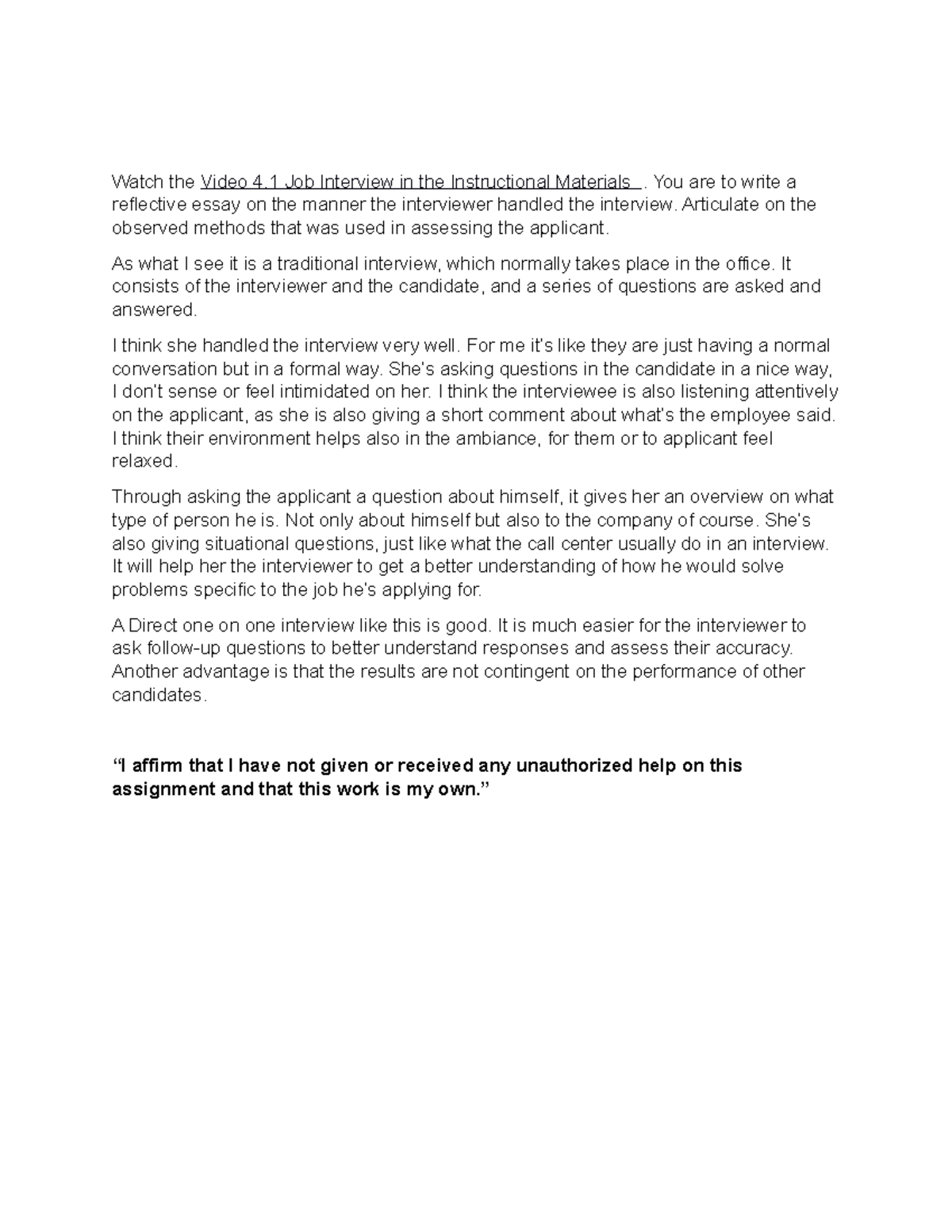 Assignment 4.2 Job Interview - Watch the Video 4 Job Interview in the ...