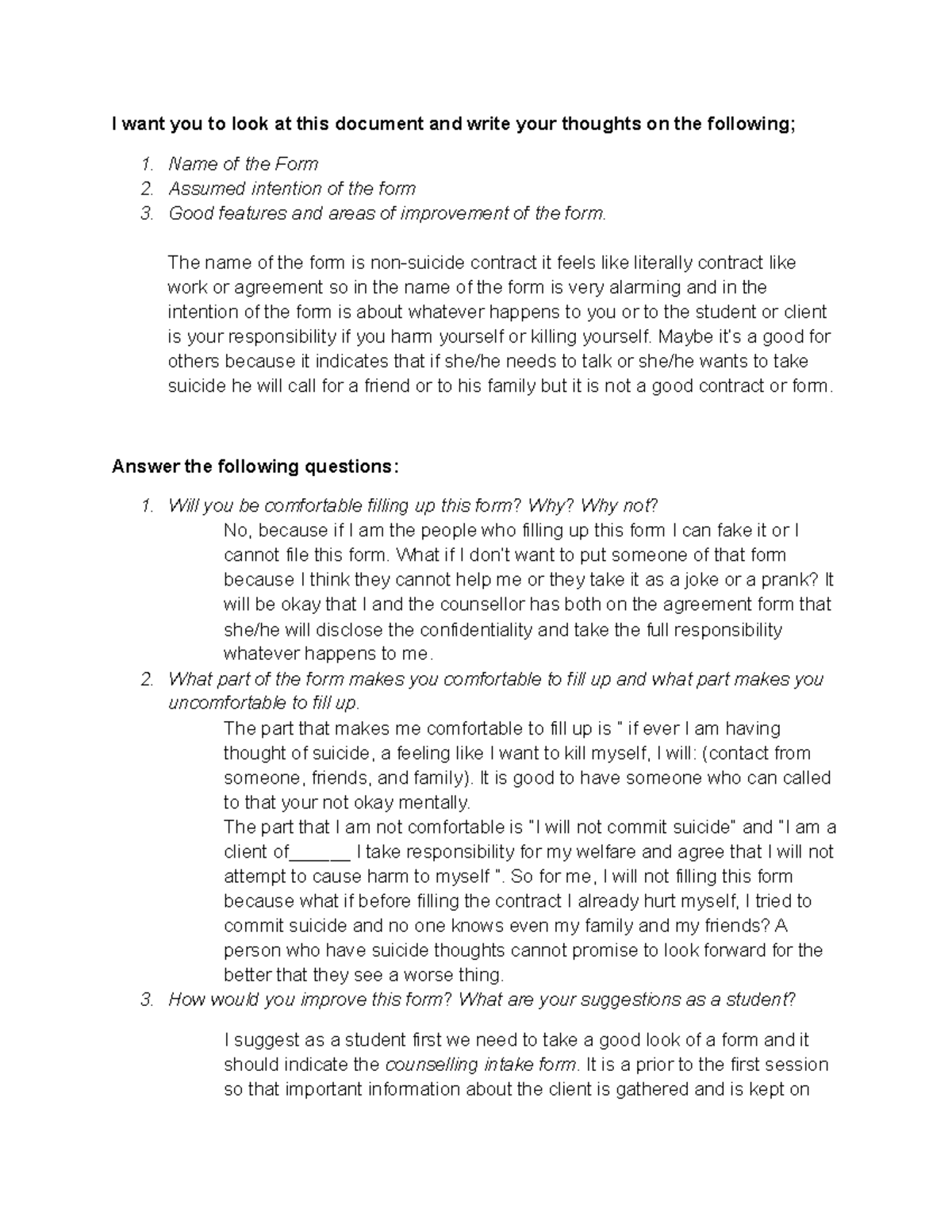 Non suicide contract - I want you to look at this document and write ...
