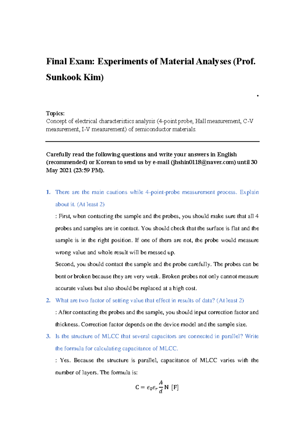 Final Exam 답안(Prof. Sunkook Kim) db - Final Exam: Experiments of ...