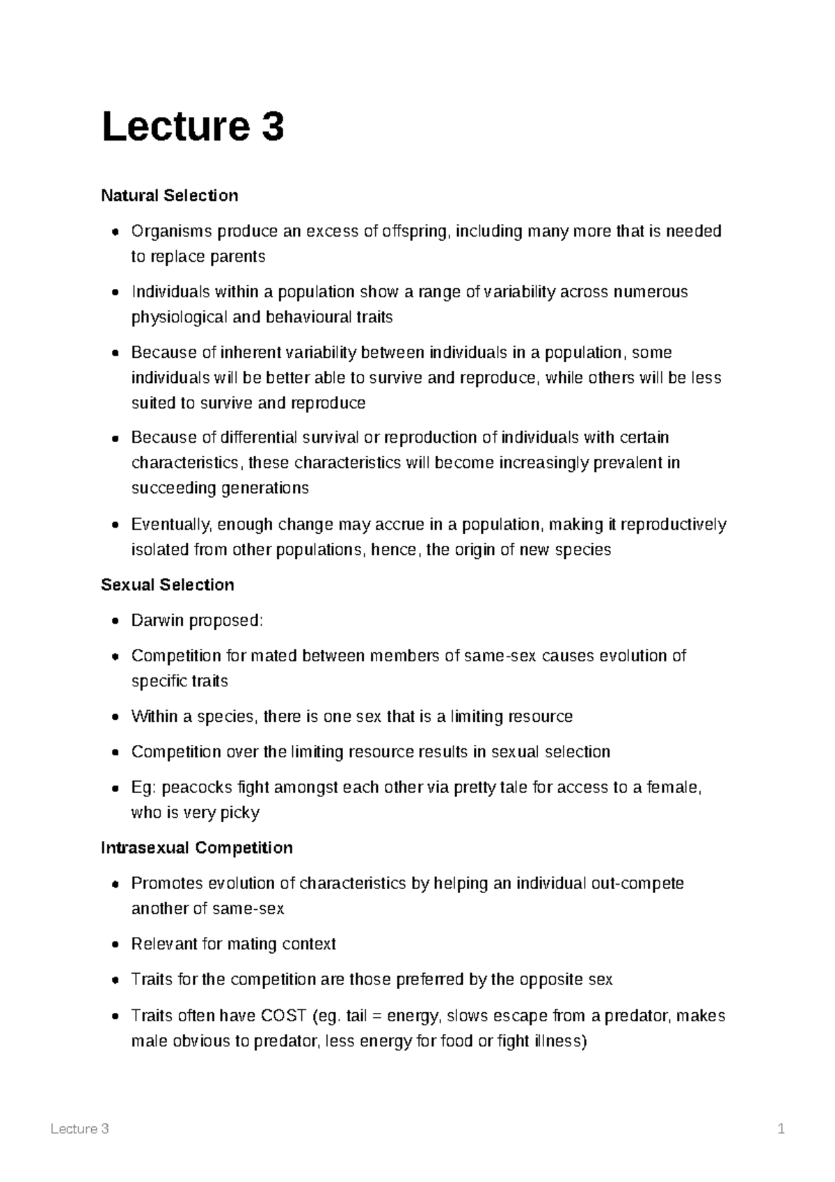 Lecture 3 Summary - Lecture 3 Natural Selection Organisms produce an excess of offspring ...