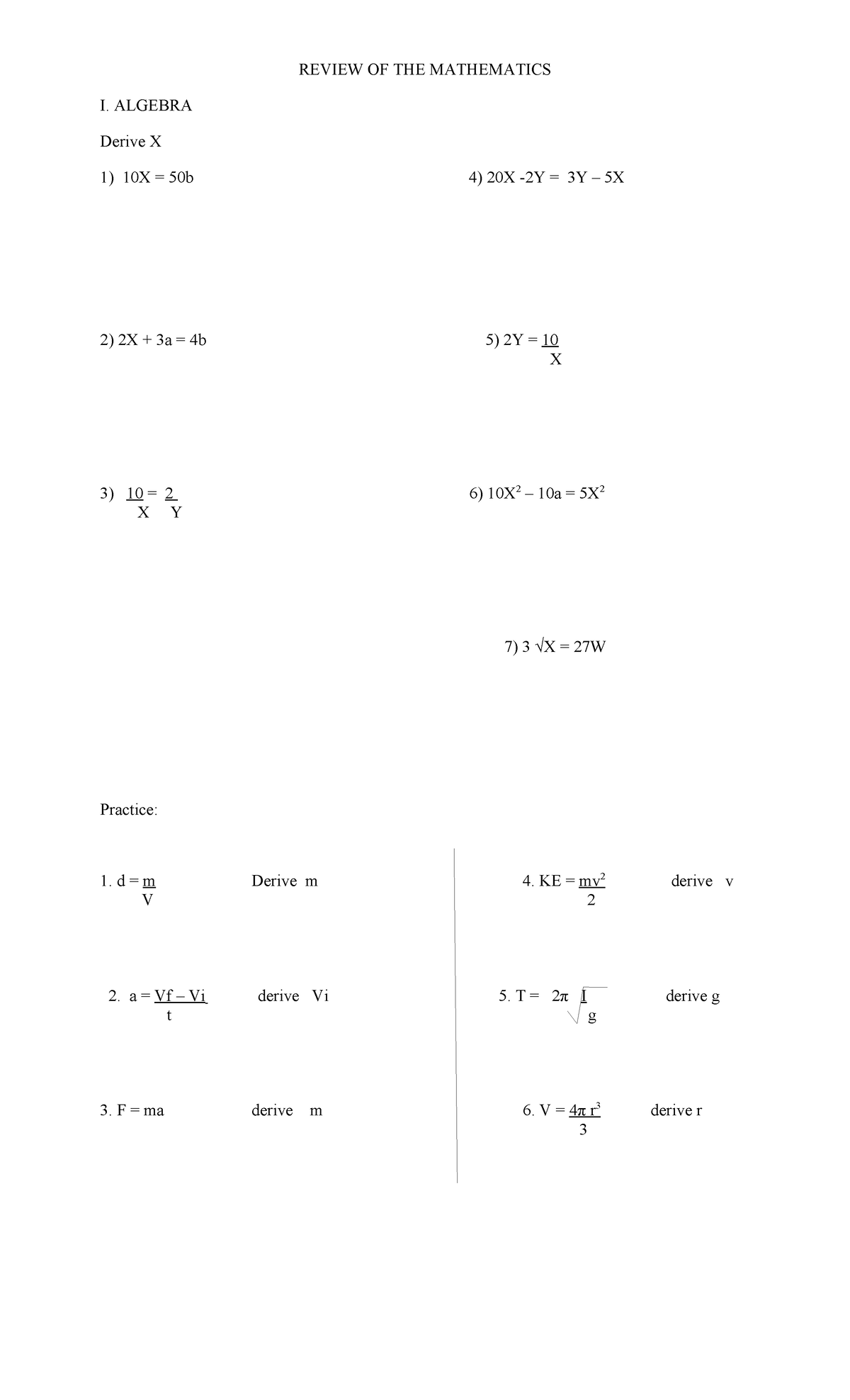 Math-review-1 - math review - REVIEW OF THE MATHEMATICS I. ALGEBRA ...