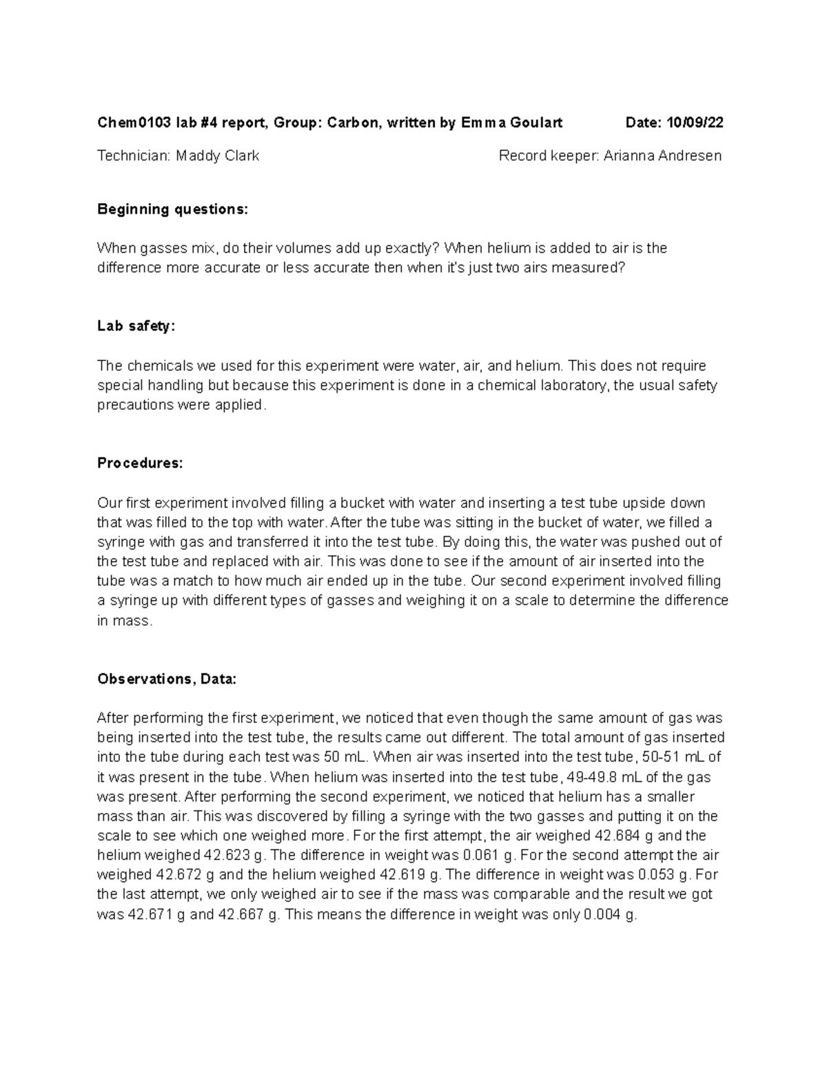 Chemistry lab report #1 - Chem0103 lab #4 report, Group: Carbon ...