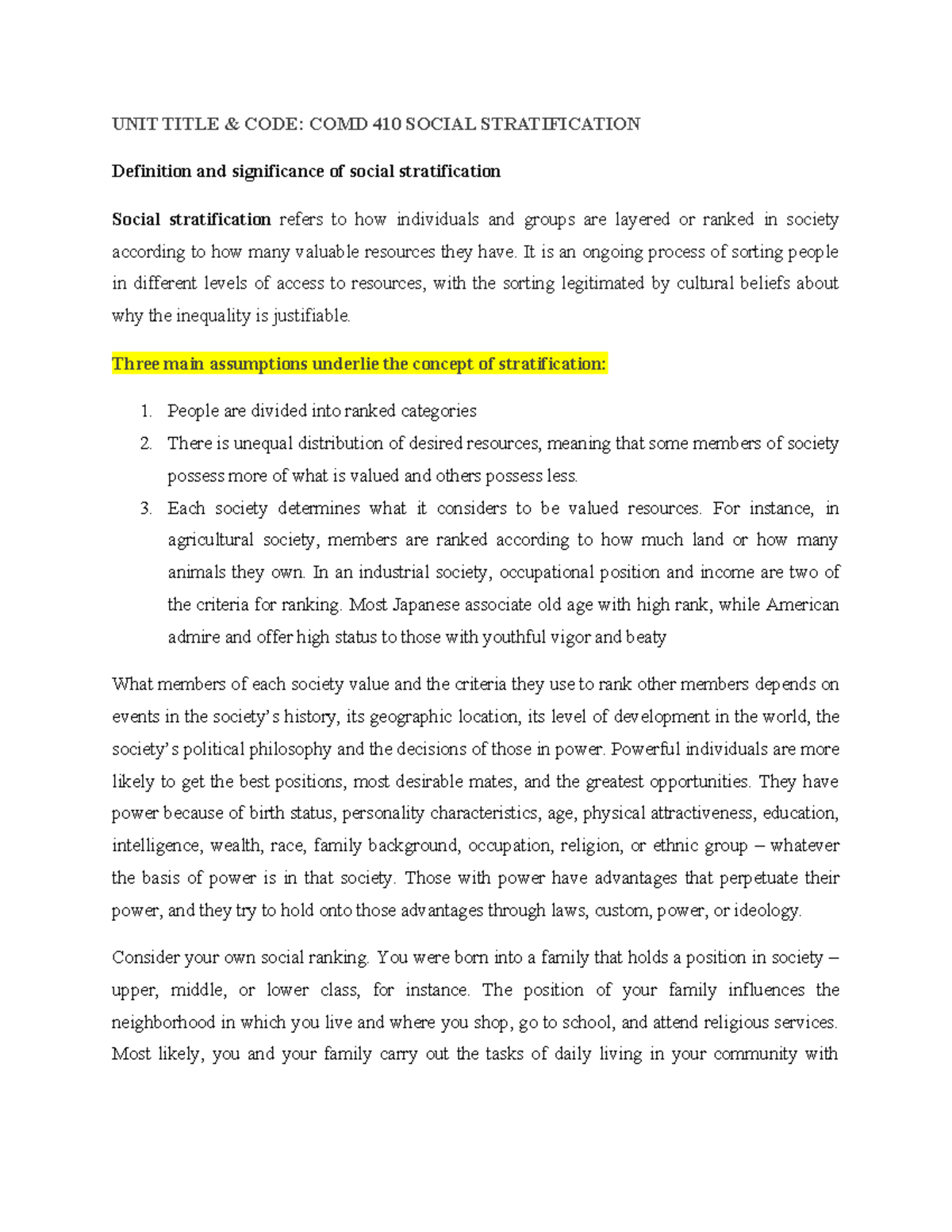 SOCIAL STRATIFICATION - UNIT TITLE & CODE: COMD 410 SOCIAL ...