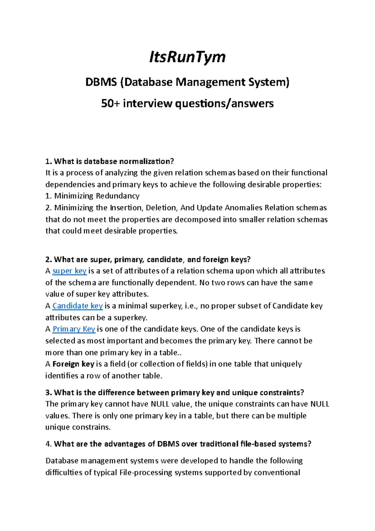 Dbms 50+ sheet - dbms - ItsRunTym DBMS (Database Management System) 50 ...