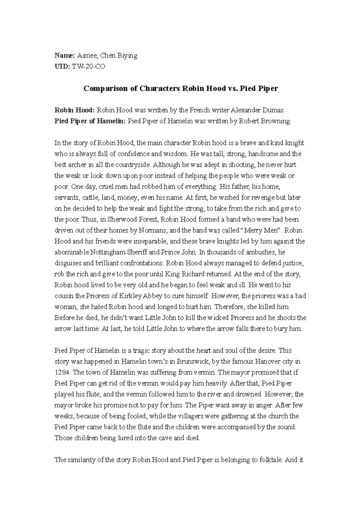 Biying Chen Aimee Comparison of Characters Pied piper vs 4860. Robin ...