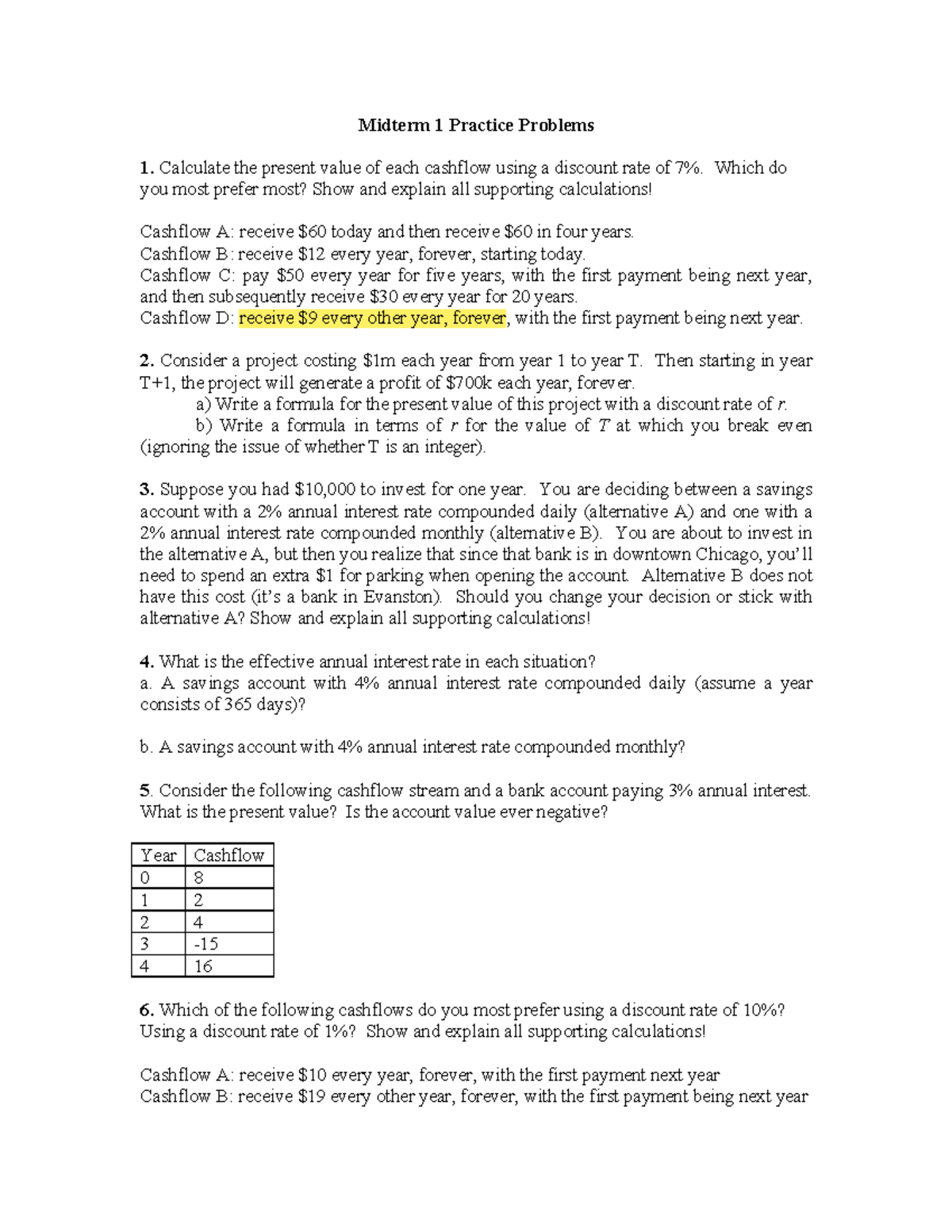 Midterm 1 Practice - LTTC cô Hà Thanh - Midterm 1 Practice Problems Calculate the present value ...
