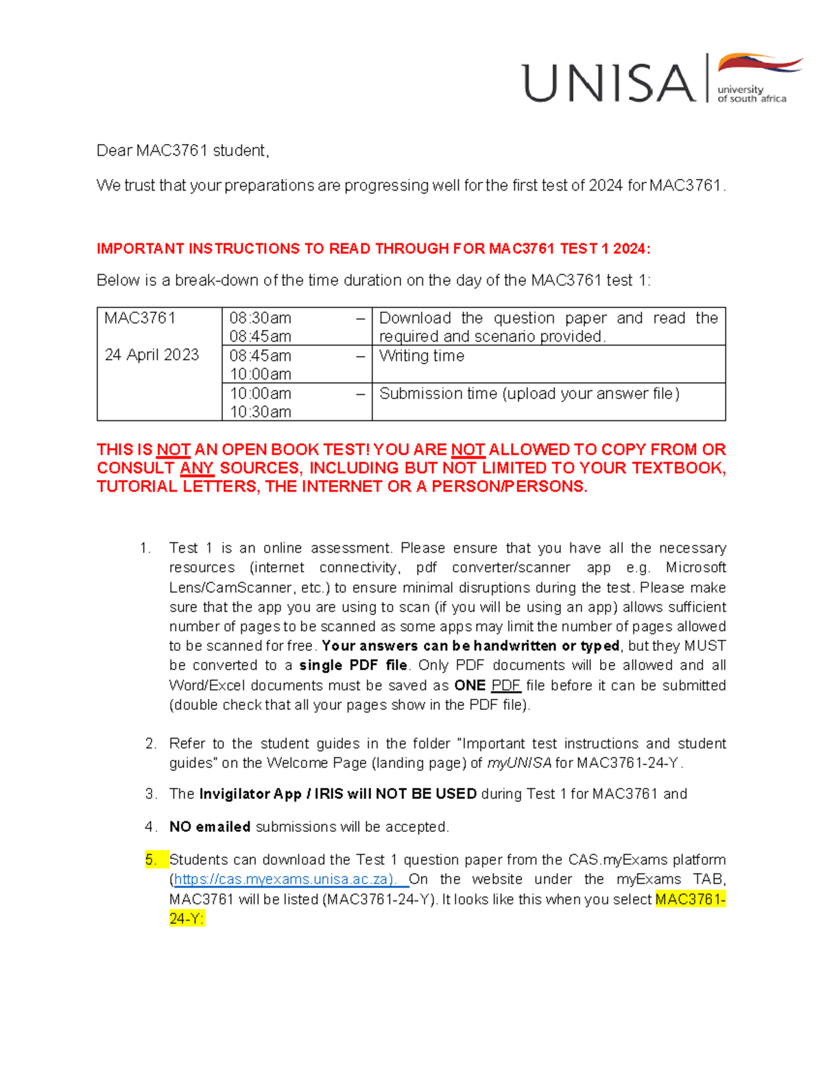 MAC3761 Test 1 24 April Instructions - Dear MAC3761 student, We trust ...