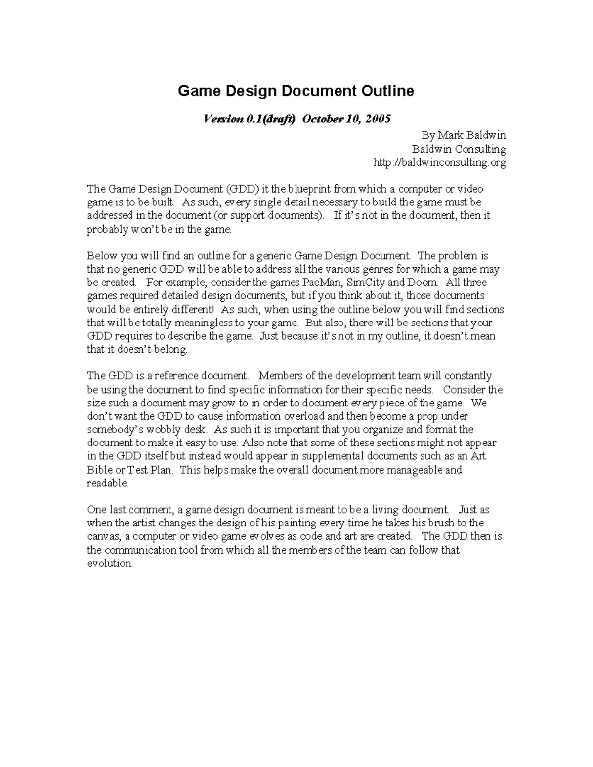 Baldwin Game Design Document Template - Game Design Document Outline ...