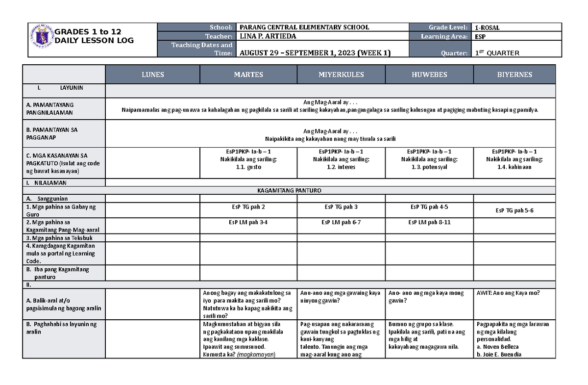 DLL ESP 1 Q1 W1 - gfssf - GRADES 1 to 12 DAILY LESSON LOG School ...