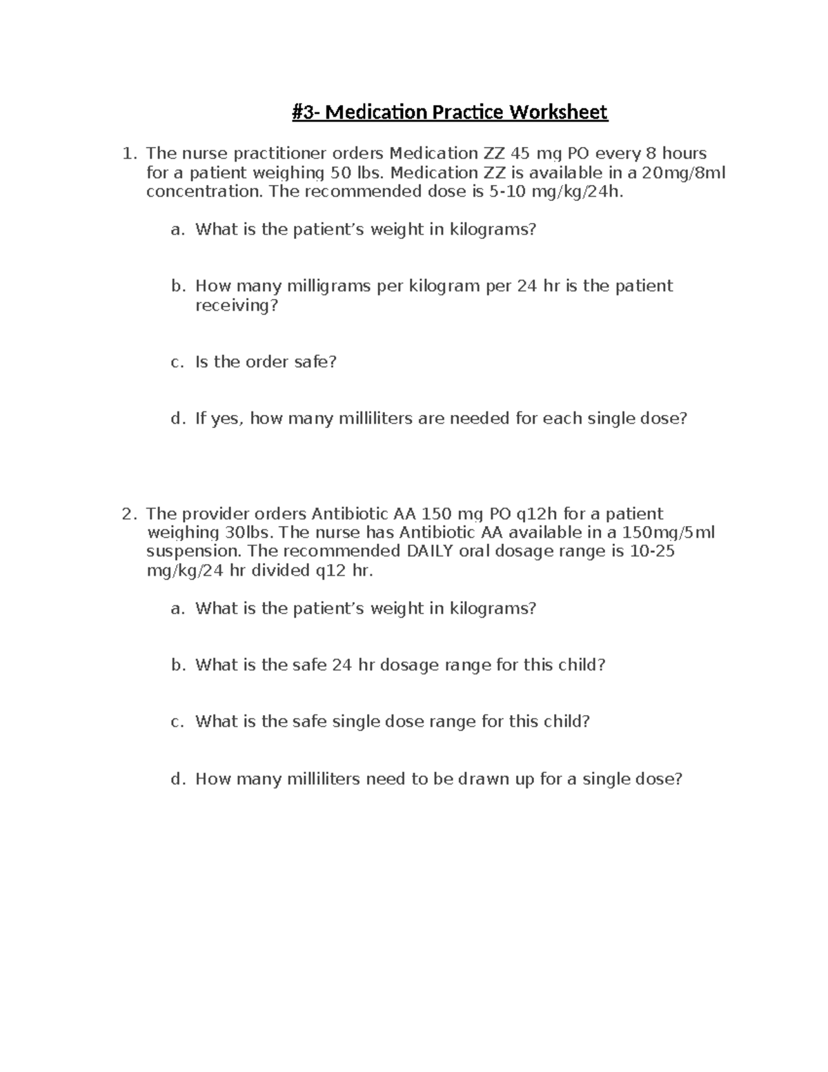 Exam Medication Calculation Practice #3 2 - #3- Medication Practice ...