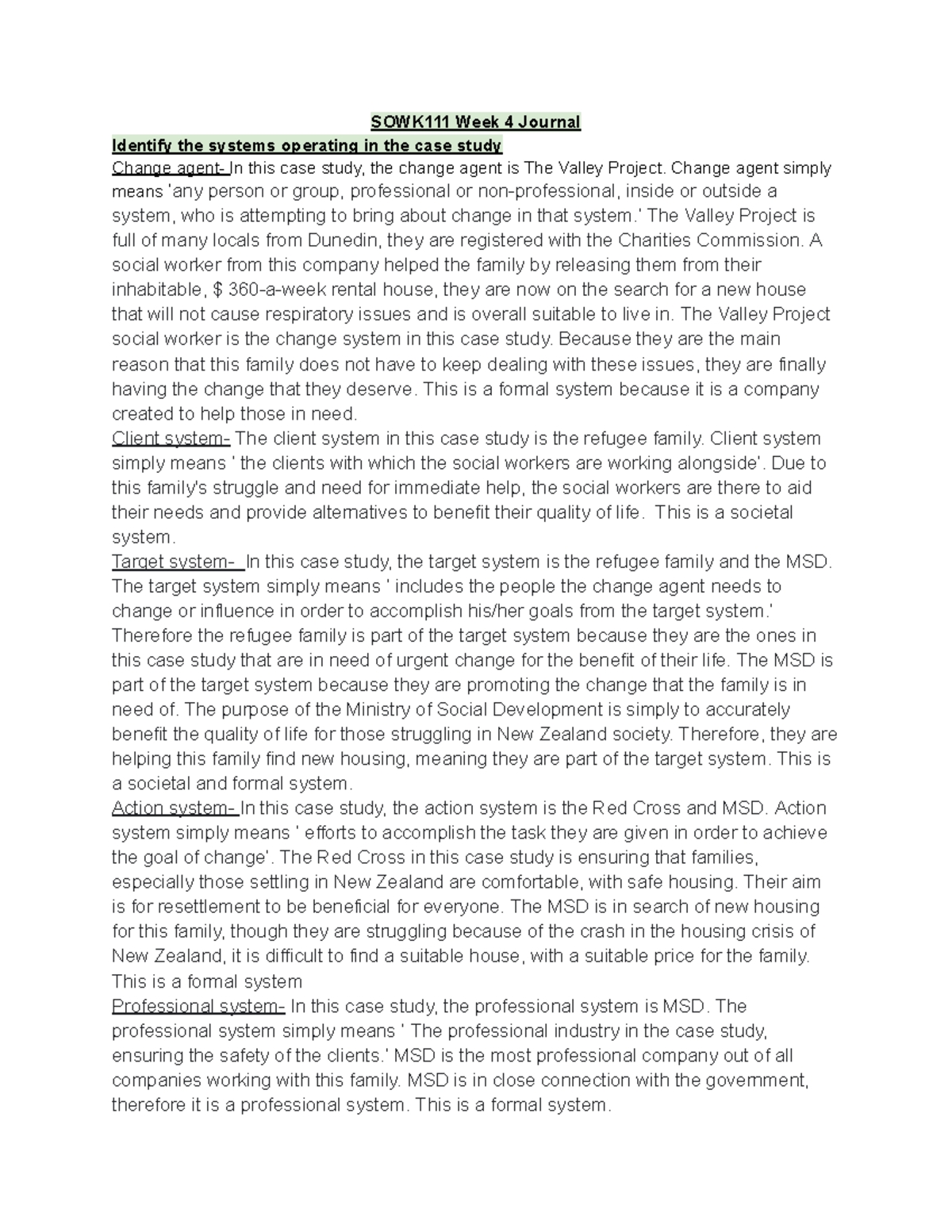 SOWK111 Week 4 Journal - SOWK111 Week 4 Journal Identify the systems ...